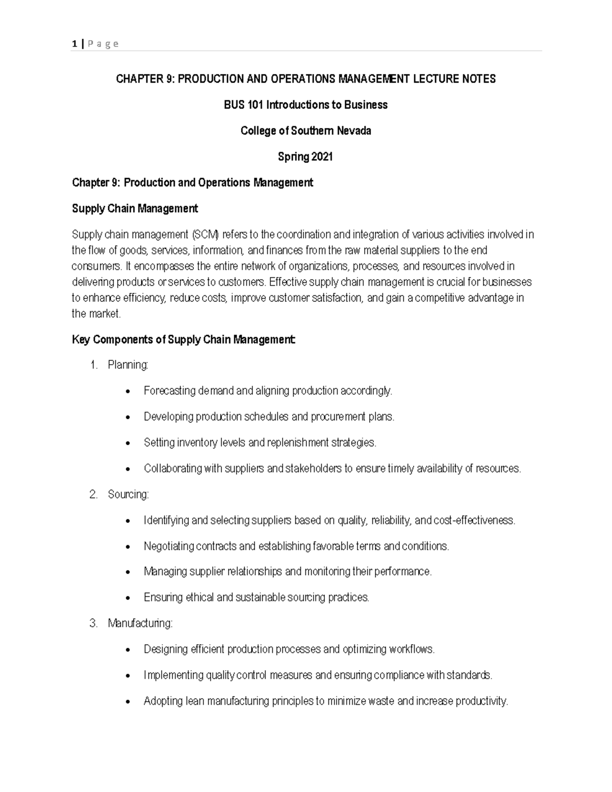 BUS 101 Chapter 9 Production and Operations Management Lecture Notes ...