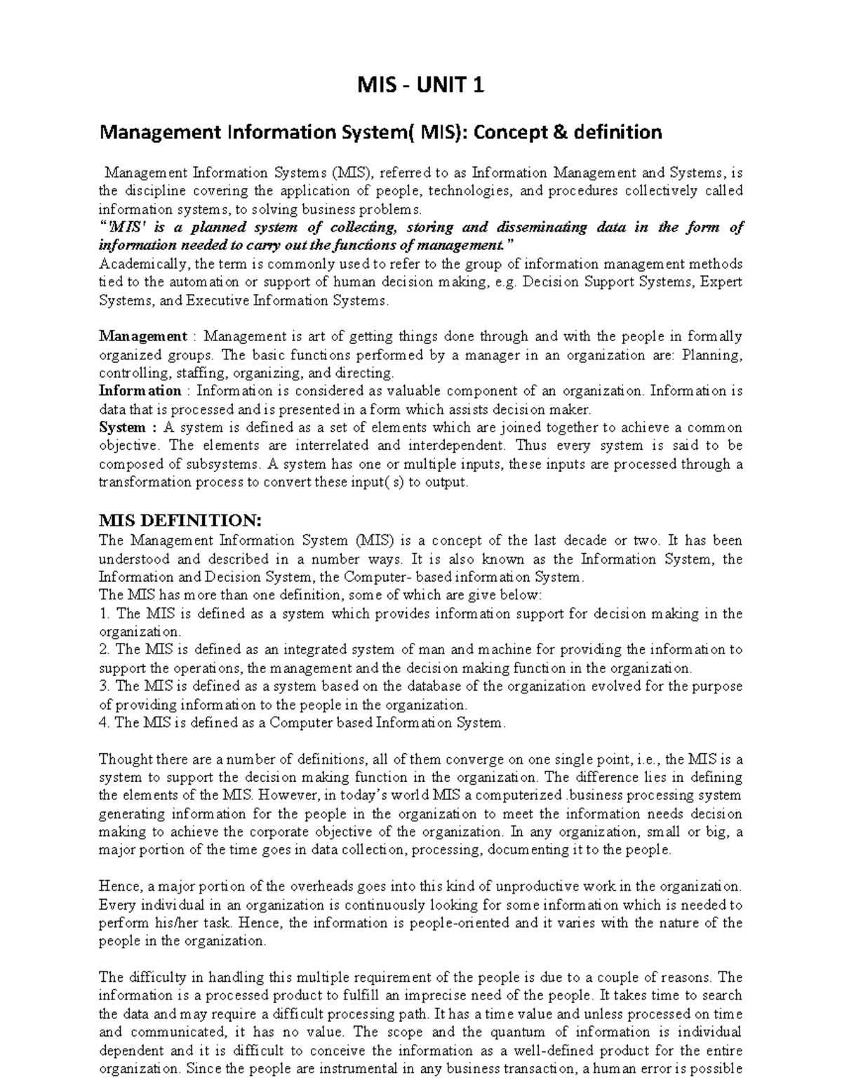 MIS U01 Notes: Understanding Management Information Systems Concepts ...