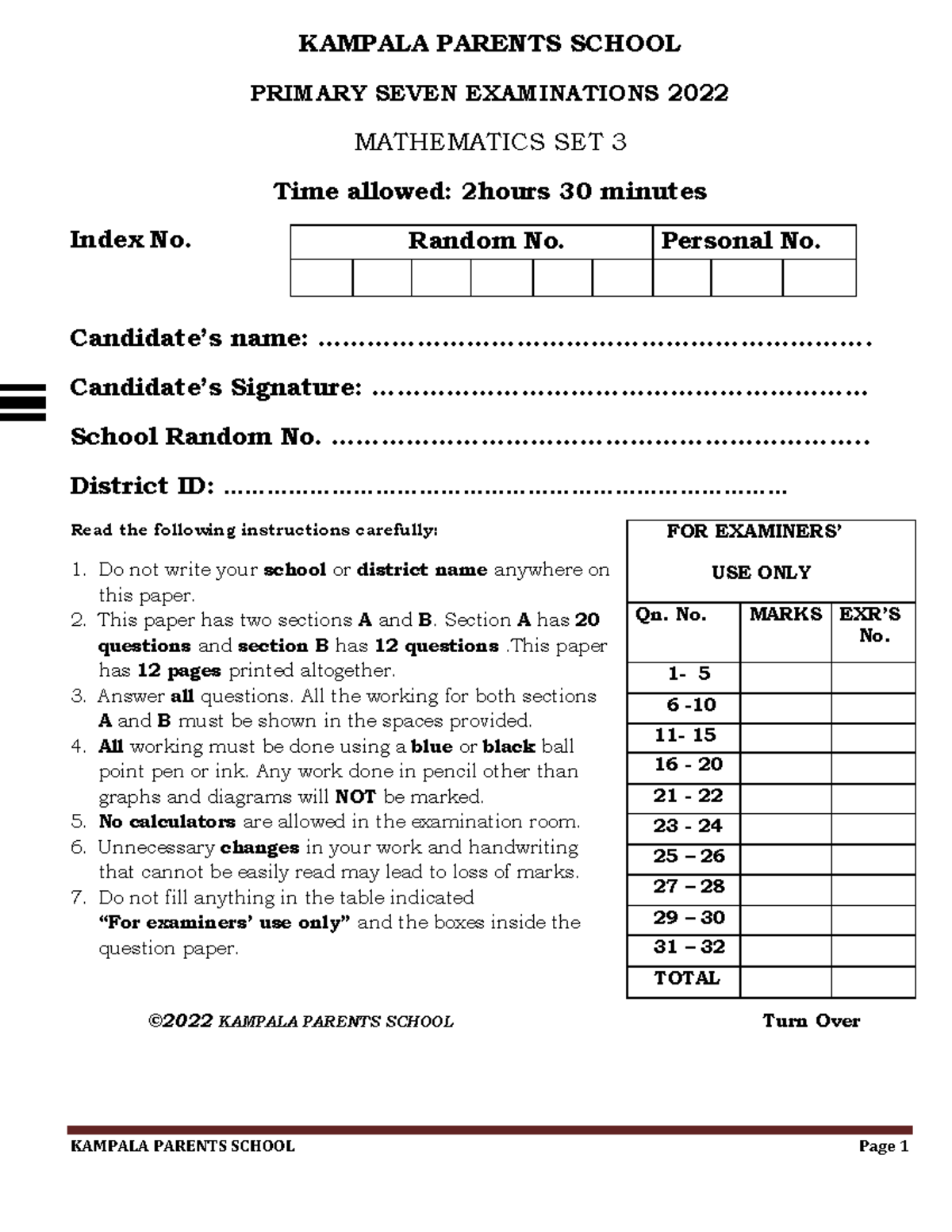 P7 Maths & Integrated Science Exams SET 3 - 2022 - Studocu