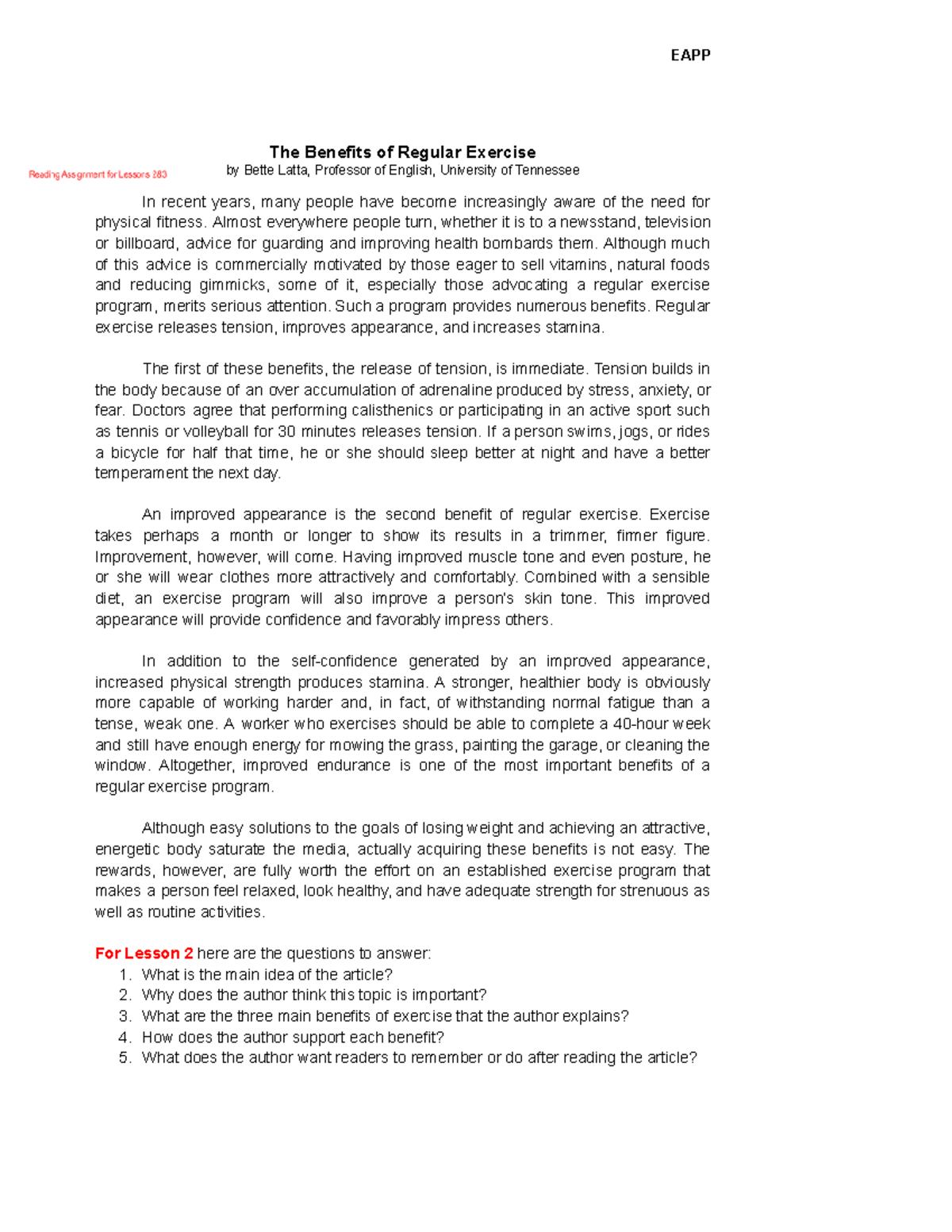 EAPP Lesson 2: The Benefits of Regular Exercise and Its Importance ...