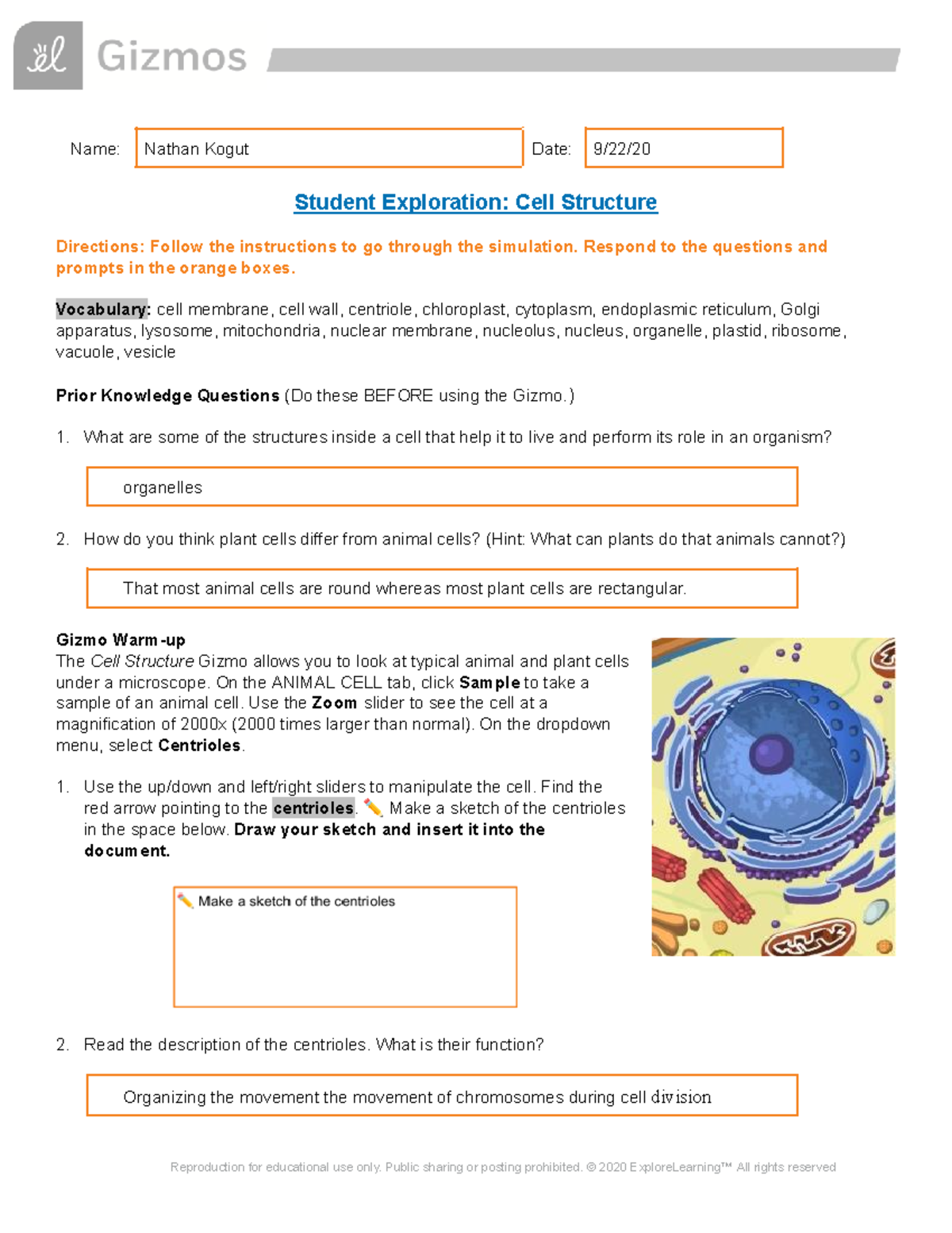 Cell Structure Gizmo - Name: Nathan Kogut Date: 9/22/ Student ...