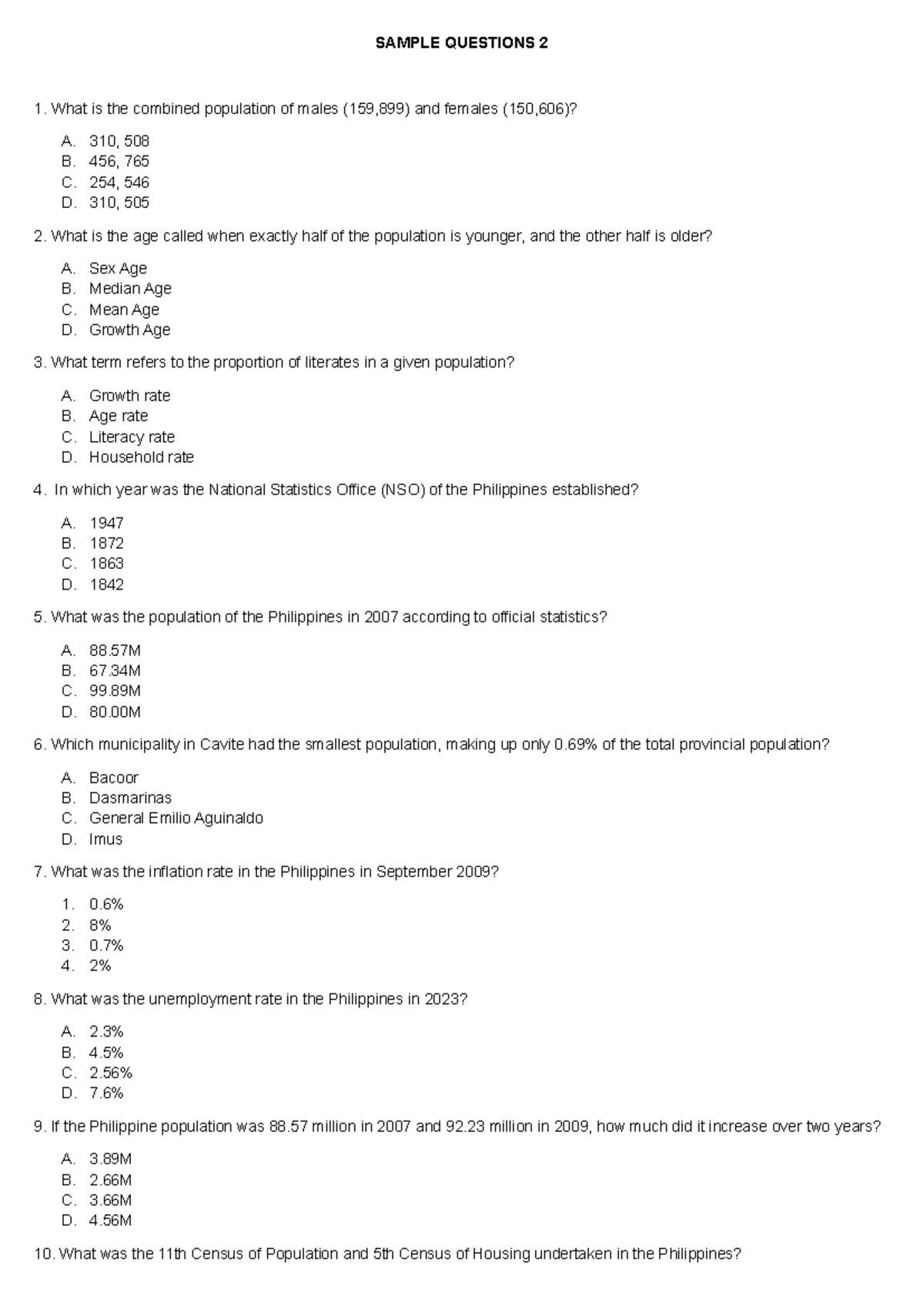 Sample Questions 2: Population and Labor Statistics Exam Prep - Studocu