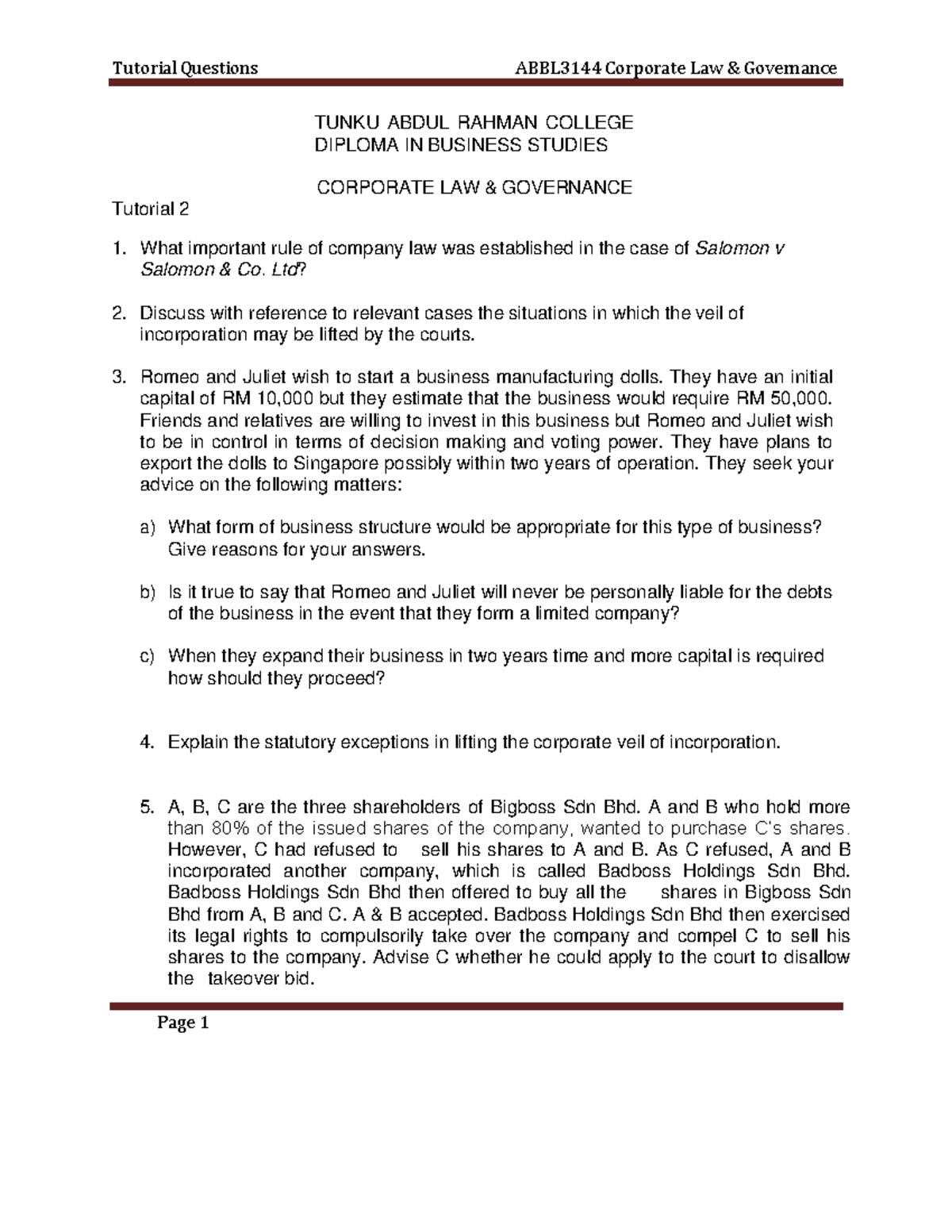 ABBL3144 Corporate Law Governance Tutorial 2 Questions and Case Studies ...