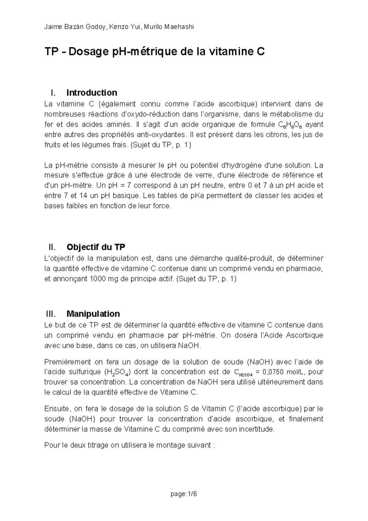 TP - Dosage pH-métrique de la Vitamine C: Analyse et Méthodologie - Studocu