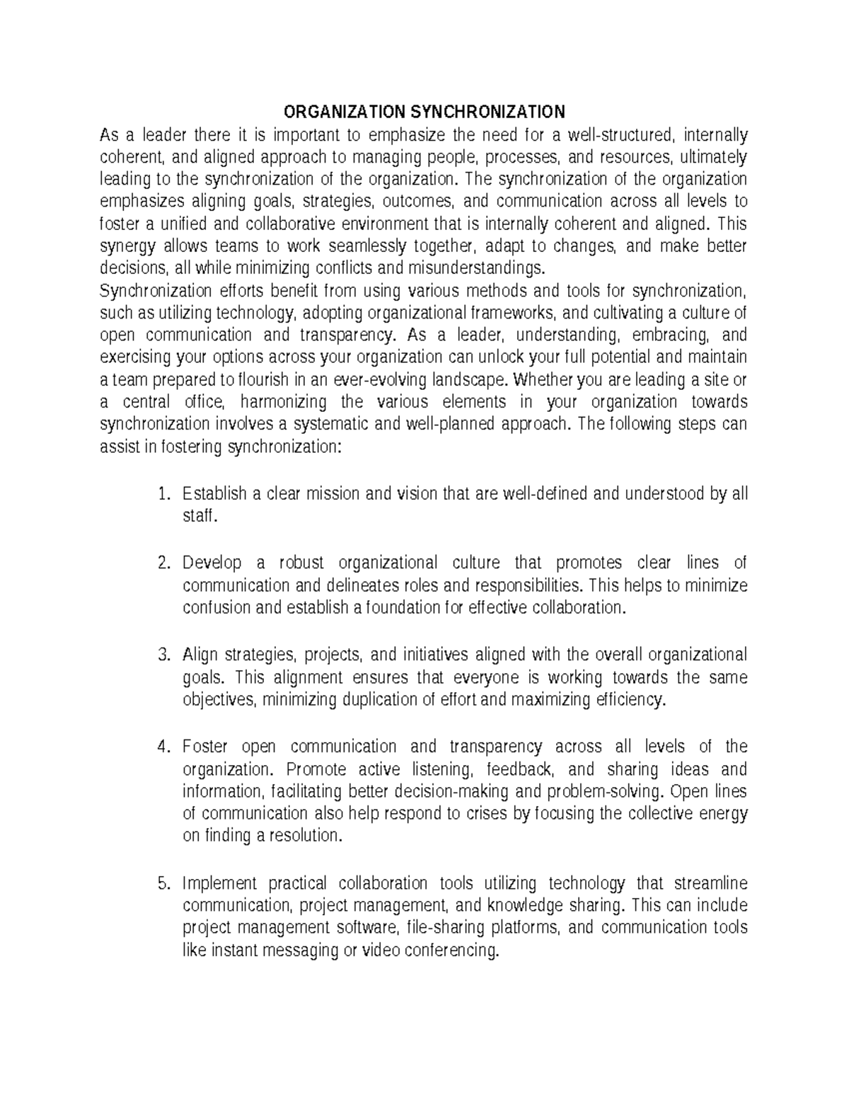Synchronization Strategies for Effective Organizational Alignment - Studocu