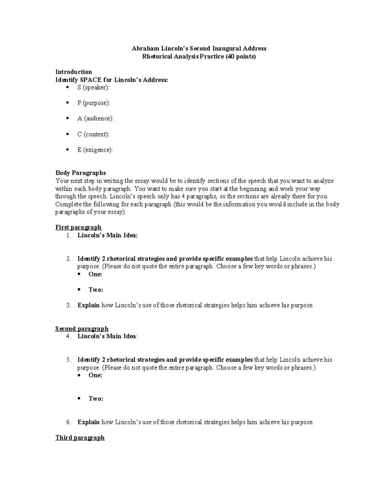 Rhetorical Analysis of Lincoln’s Second Inaugural Address (2024) - Studocu