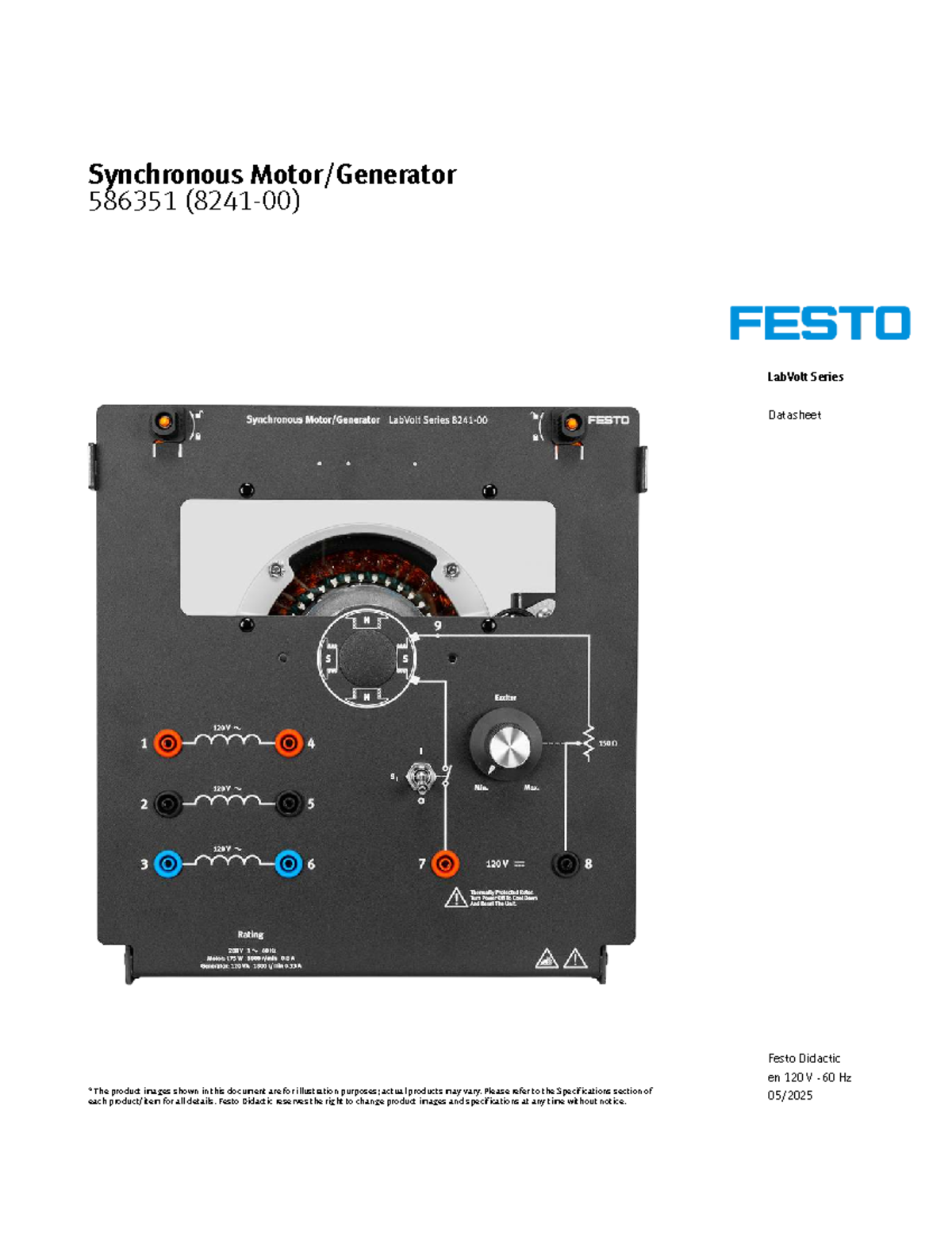 LabVolt Series Synchronous Motor/Generator Datasheet 586351 120V 60Hz ...