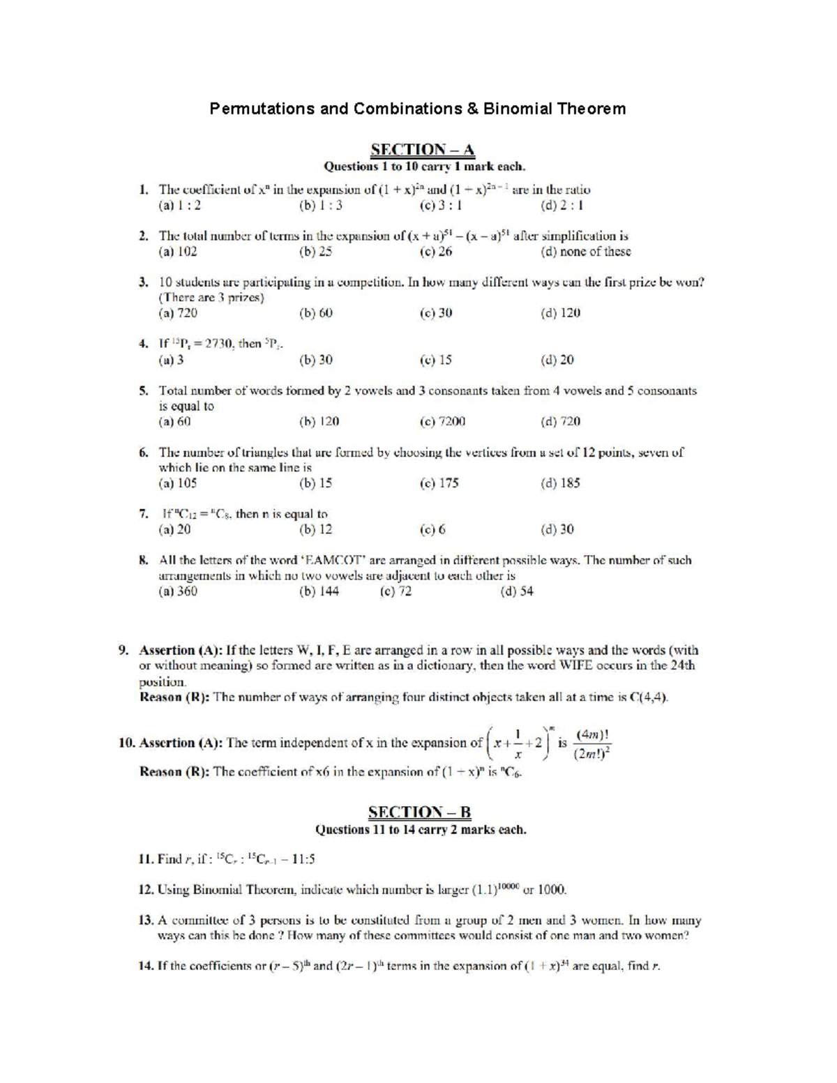 Permutations & Combinations: Binomial Theorem Q&A (Section A & B) - Studocu