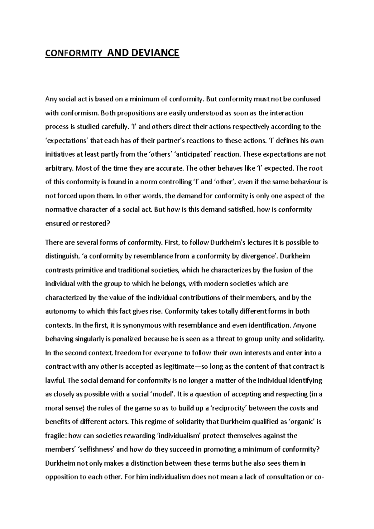 Conformity AND Deviance - CONFORMITY AND DEVIANCE Any social act is ...