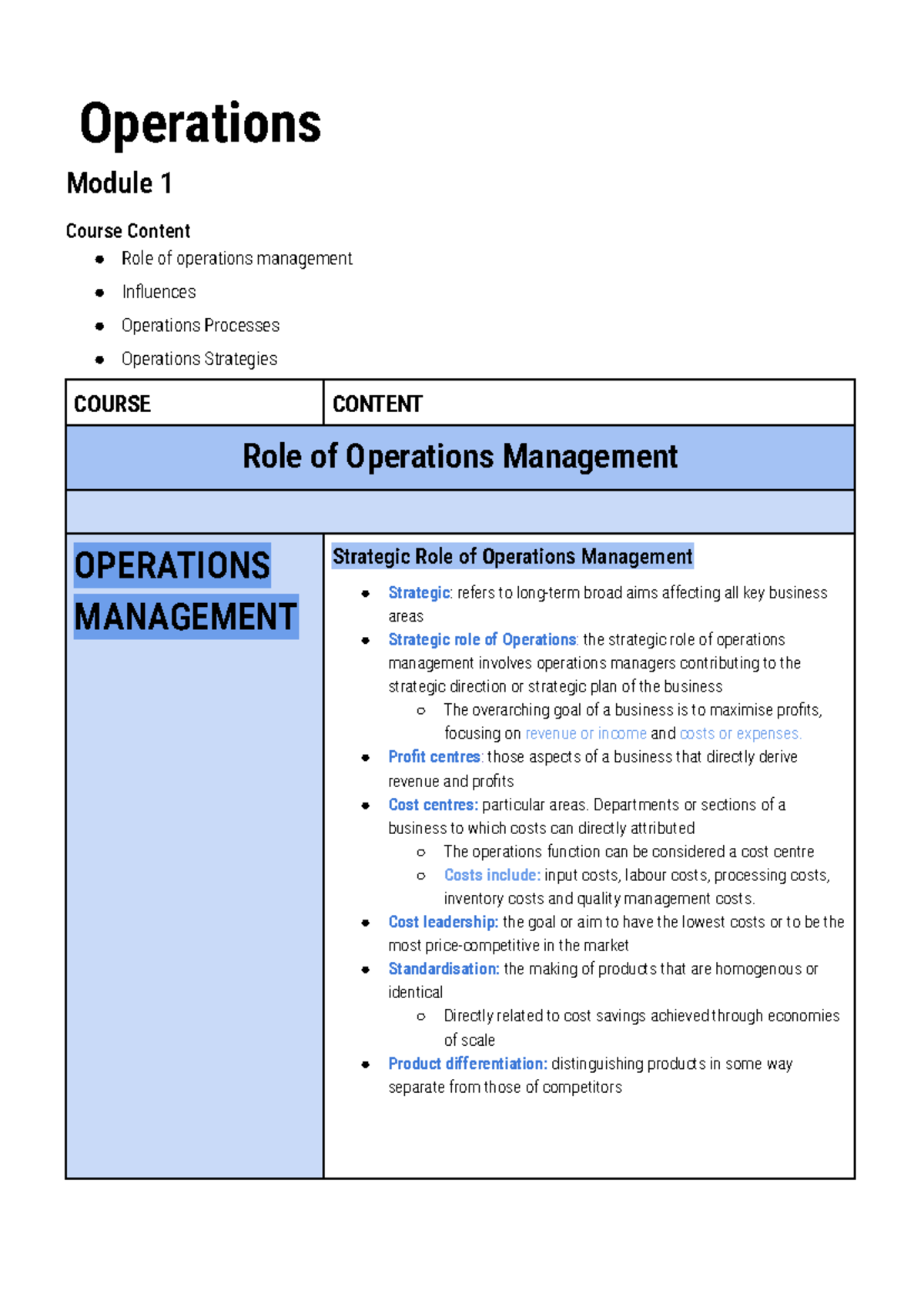 Business Studies Year 12: Operations Management Overview - Studocu