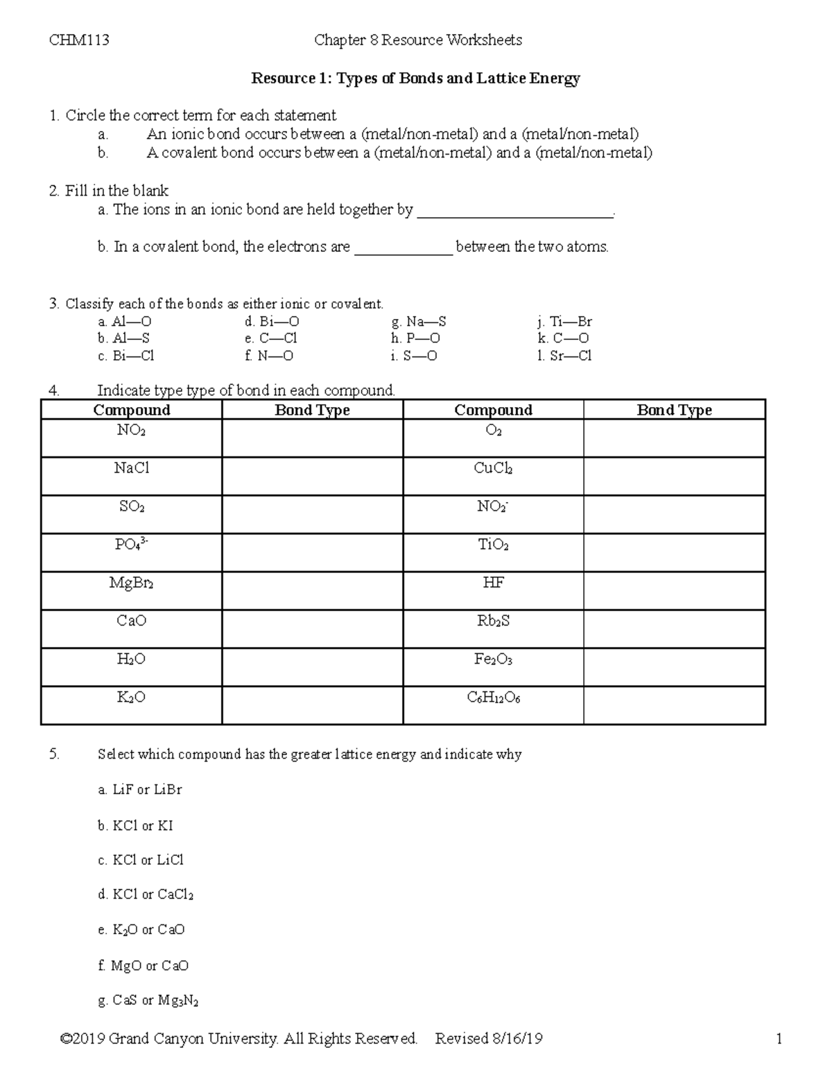 CHM113 T5 Ch8 Worksheets Fall2019 - Resource 1: Types of Bonds and ...