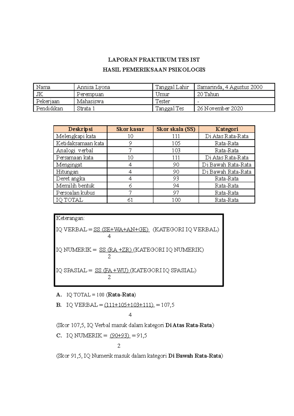 Laporan Praktikum Tes Intelegensi dan Hasil Psikologis A2- SPM - Studocu
