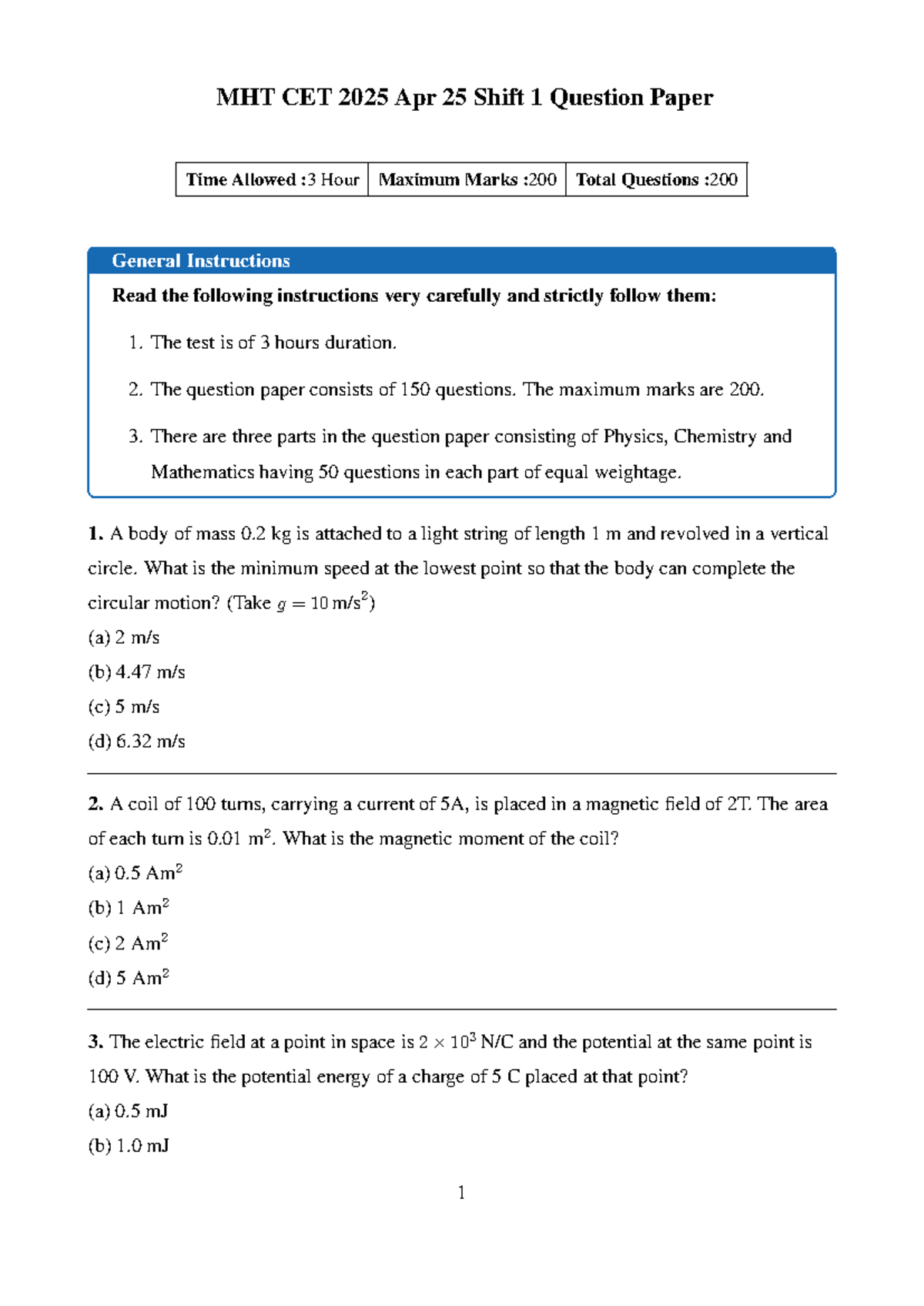 MHT CET 2025 Shift 1 Question Paper - April 25 Exam - Studocu
