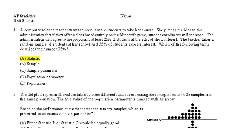AP Statistics Unit 5 Test Version B Answer Key - Studocu