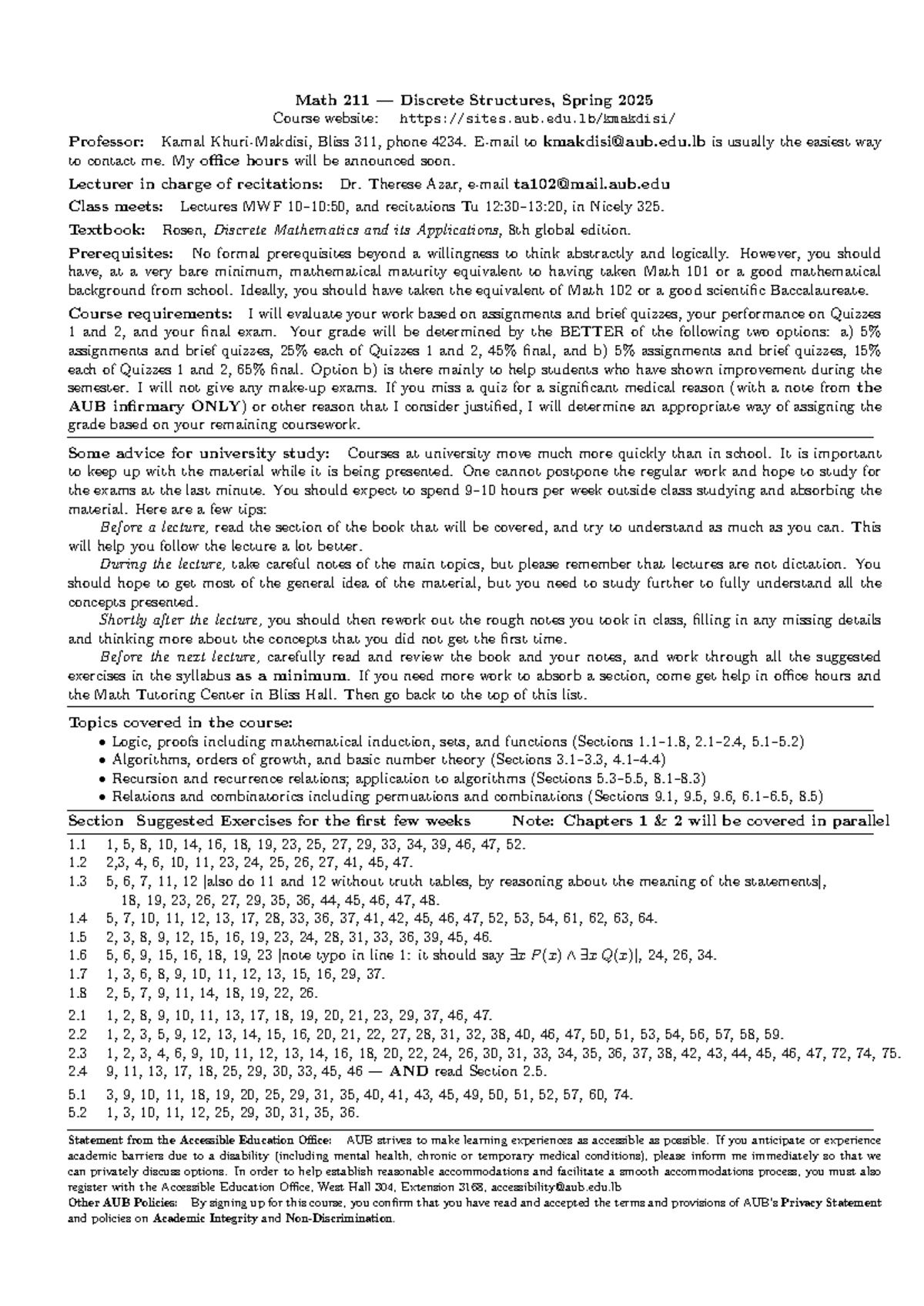 Math 211 Syllabus: Discrete Structures, Spring 2025 - Studocu