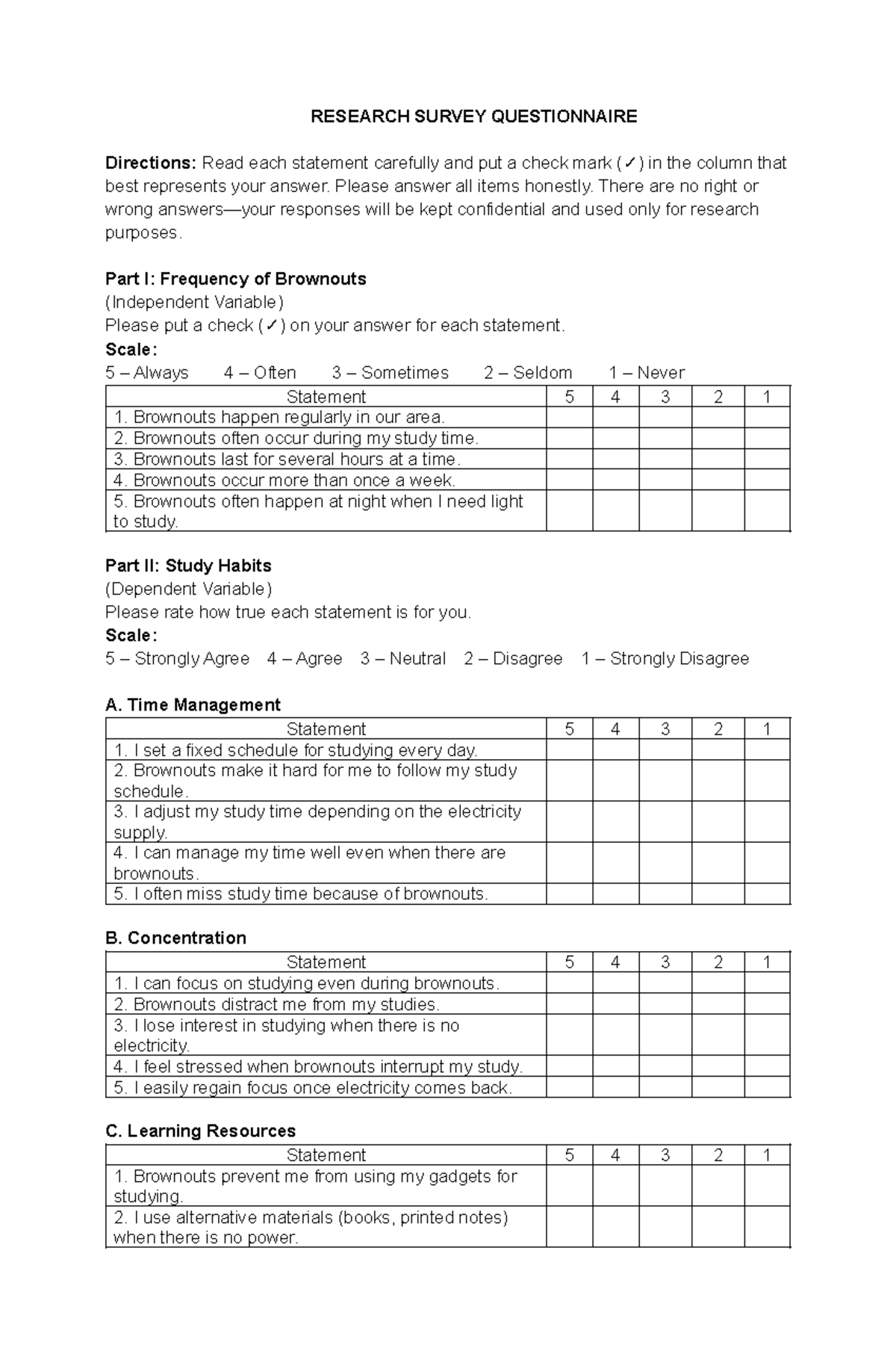RESEARCH SURVEY QUESTIONNAIRE: Impact of Brownouts on Study Habits ...