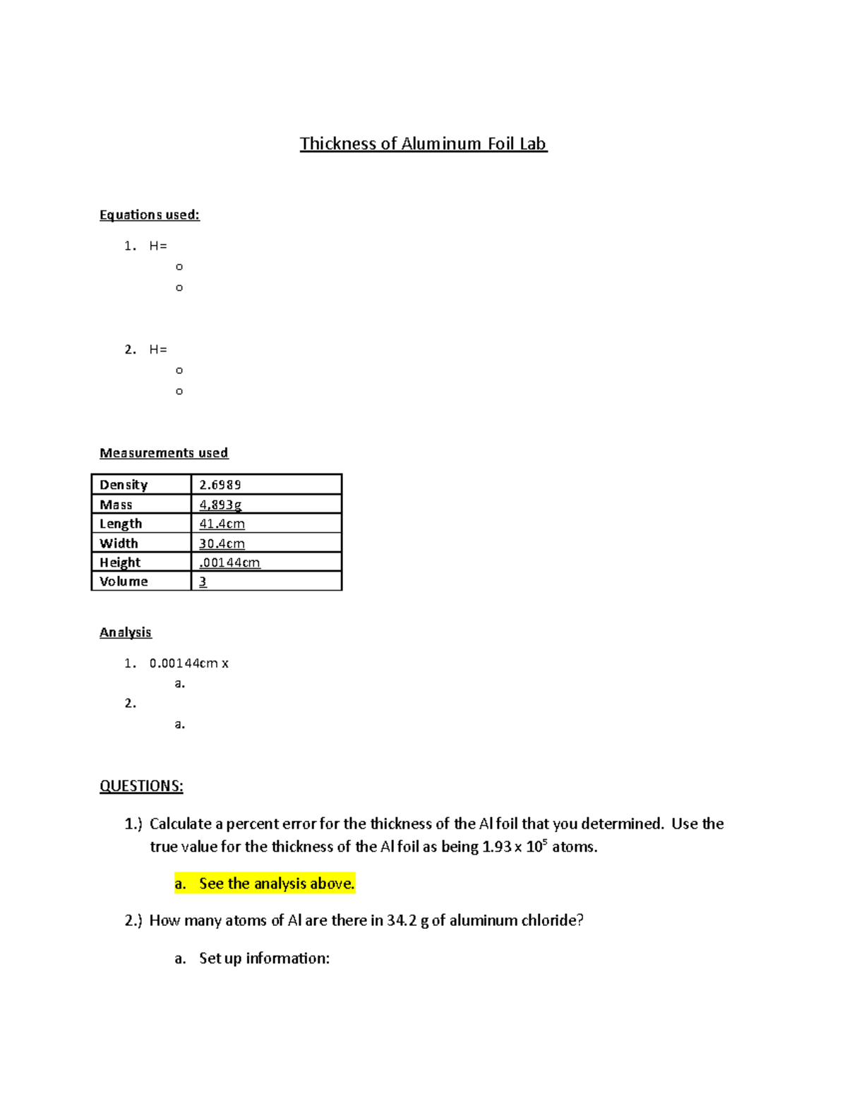 Al Thickness Lab Report: Analyzing Aluminum Foil Measurements - Studocu