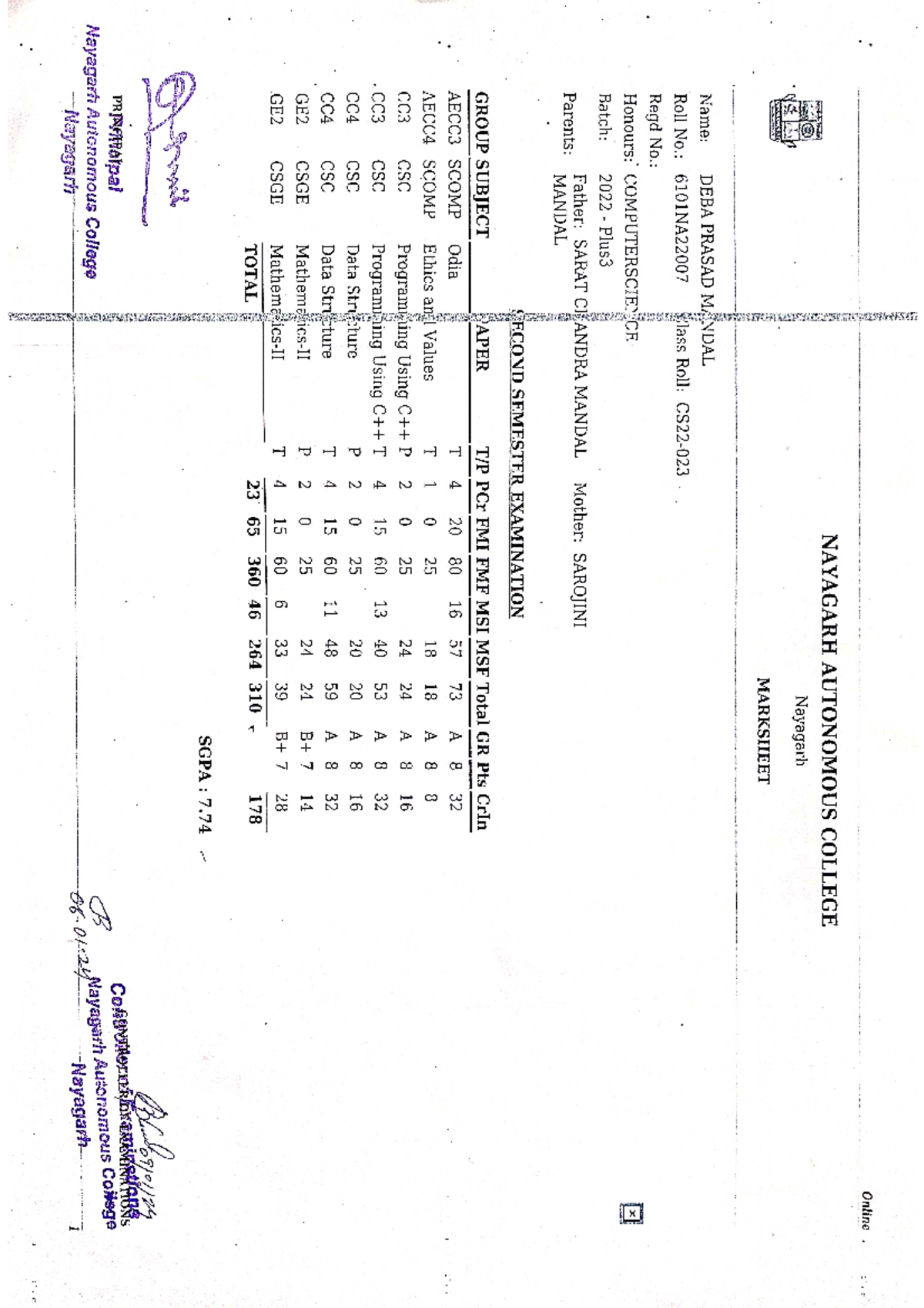 2nd Sem Marksheet for Computerscience - Deba Prasad Mandal - Studocu