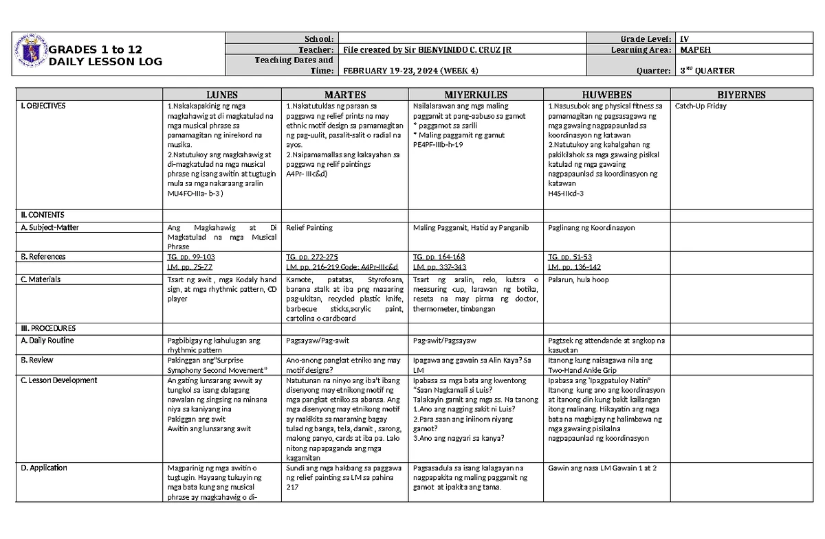 DLL Araling Panlipunan 4 Q3 Week 4 Lesson Plan and Activities - Studocu