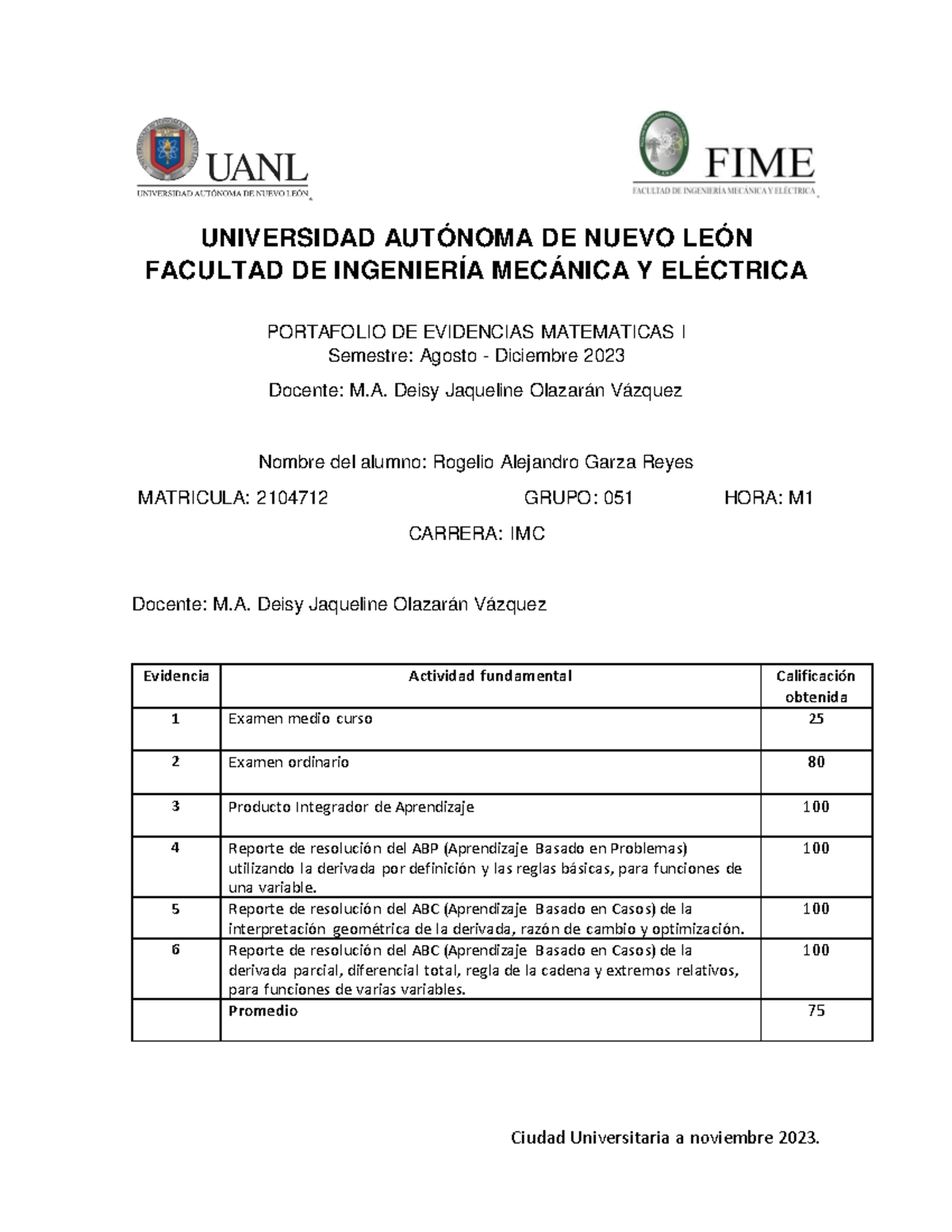 Portafolio Mate1 - UNIVERSIDAD AUTÓNOMA DE NUEVO LEÓN FACULTAD DE ...