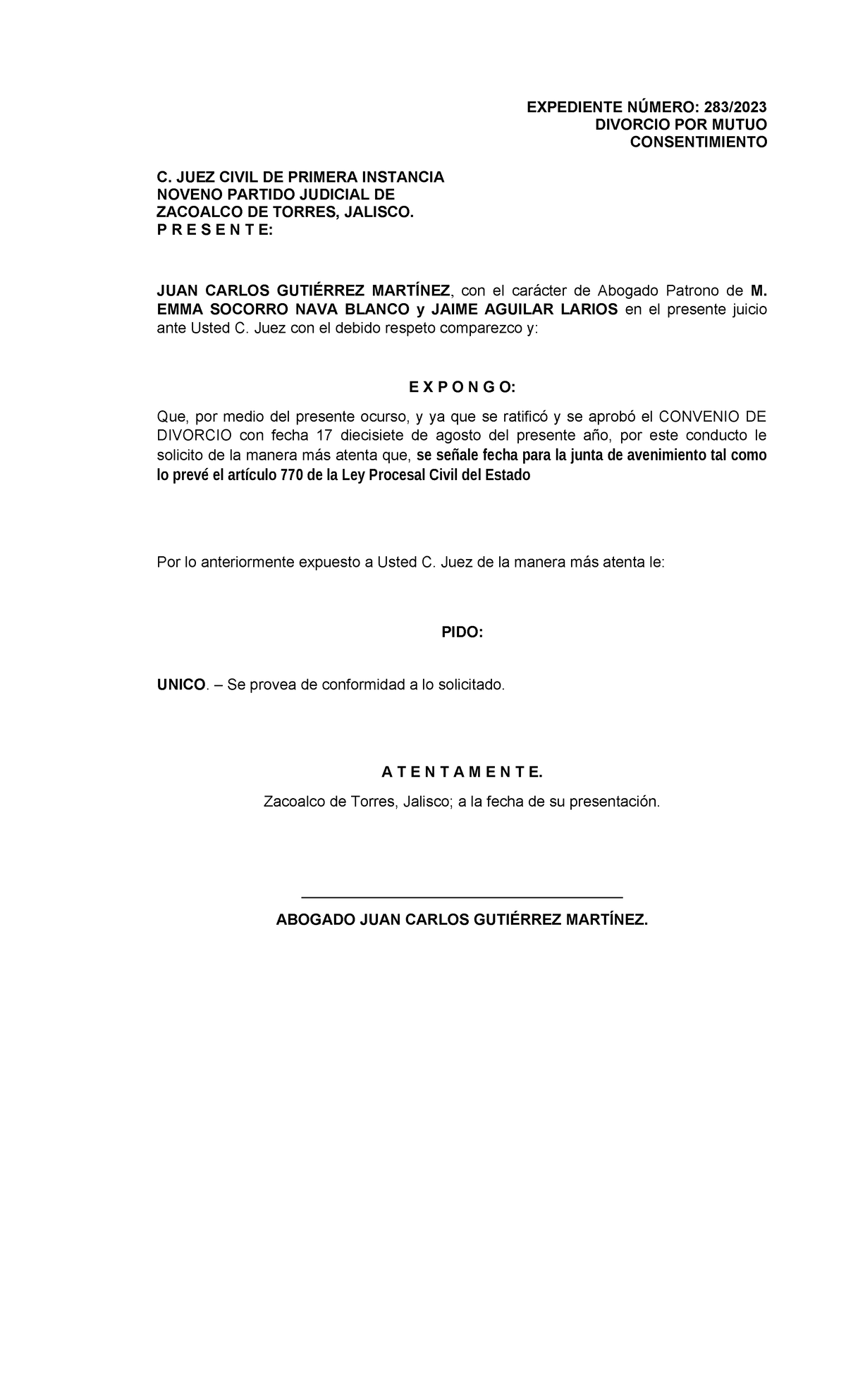 Solicitud de fecha para audencia de Junta de Avenimiento - EXPEDIENTE ...