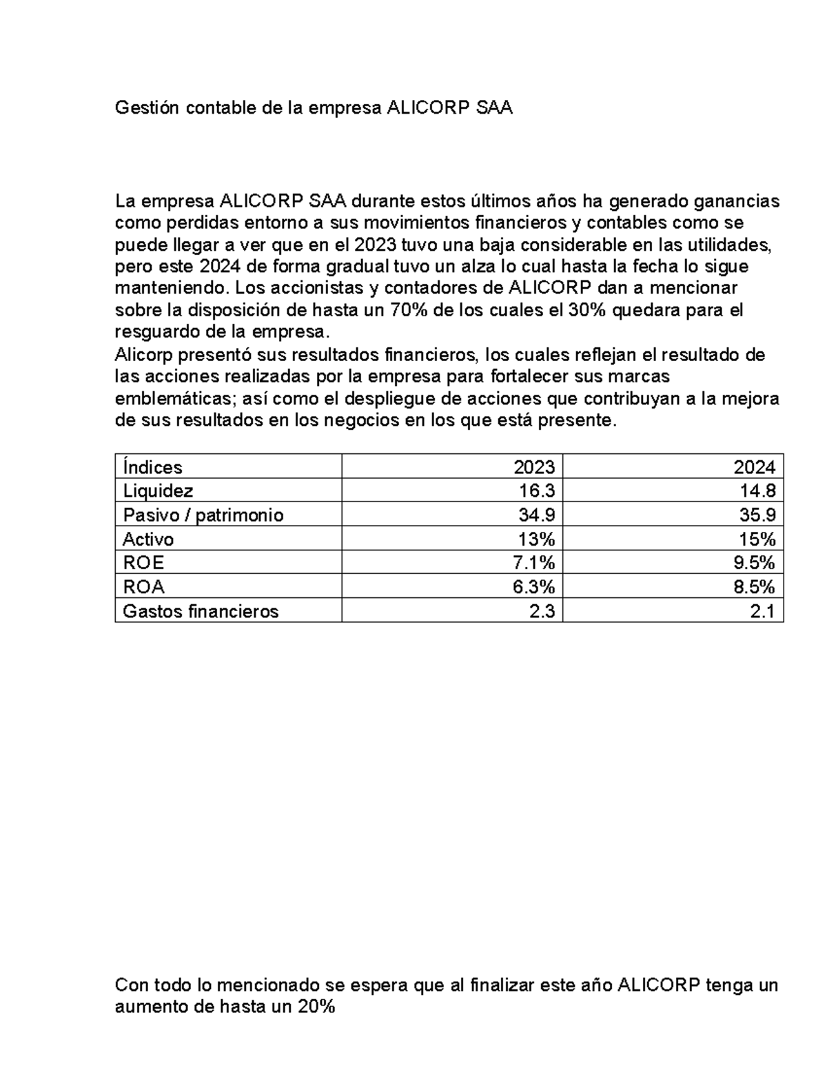 Análisis Financiero de ALICORP SAA: Gestión Contable 2024 - Studocu