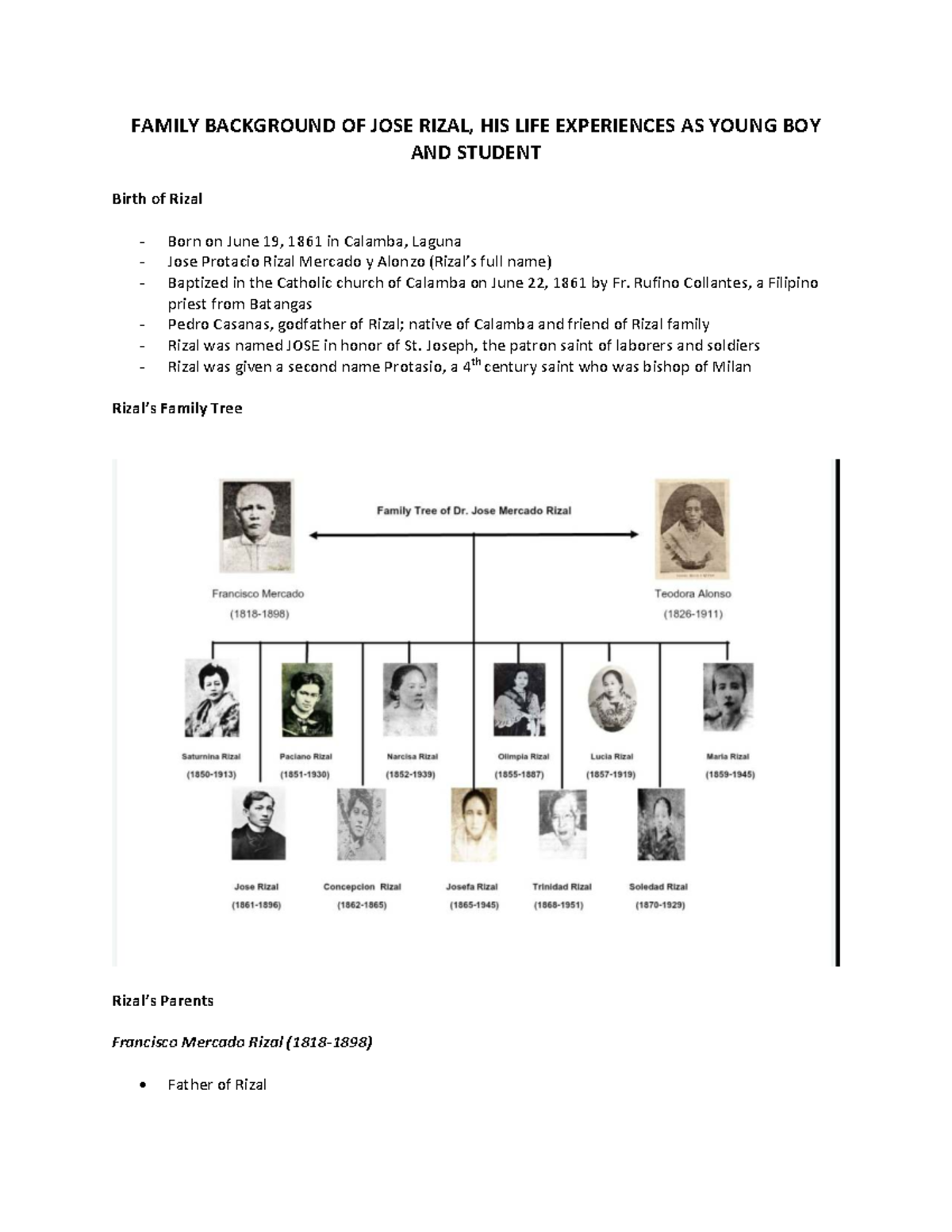 Family Background of Jose Rizal: Early Life & Education Insights - Studocu