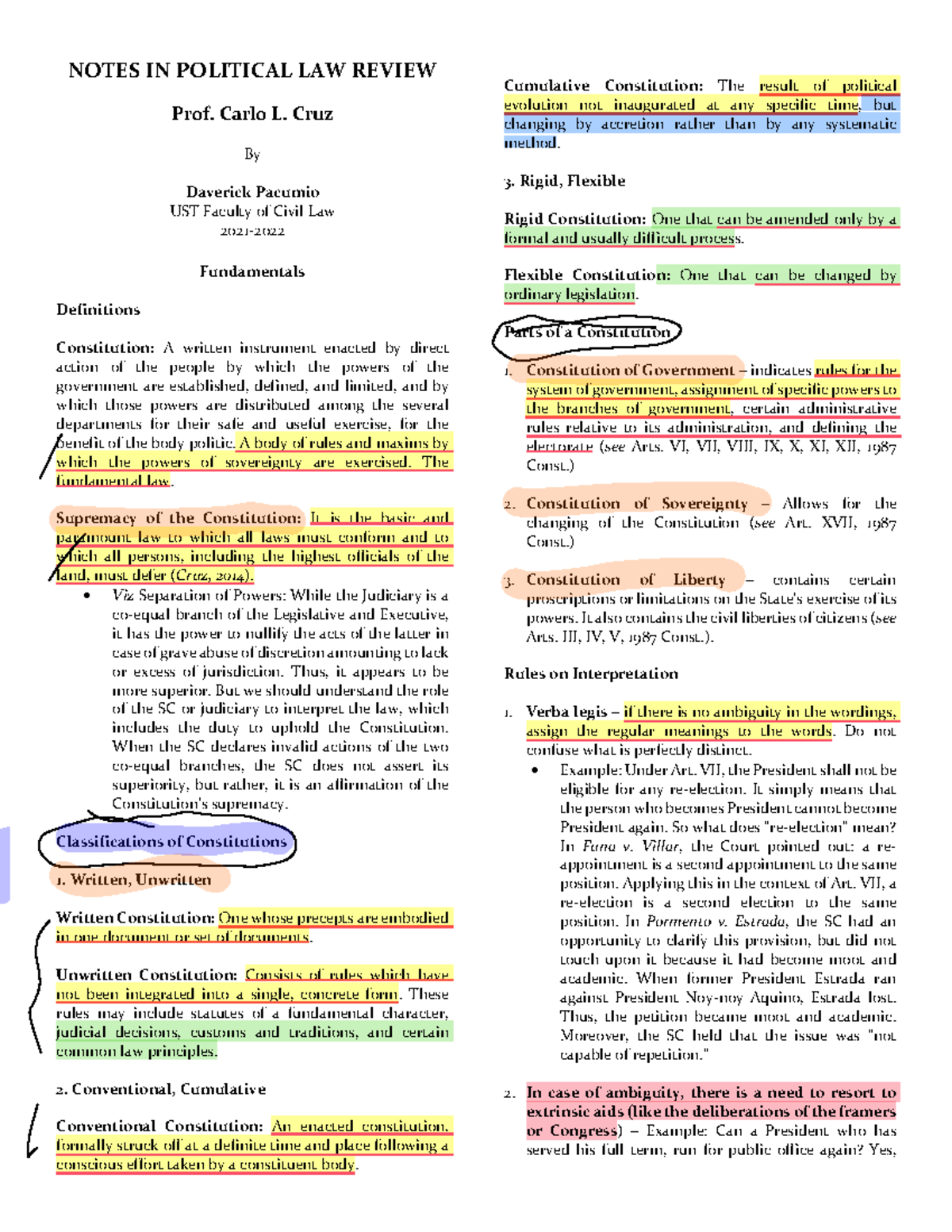 Political Law Review Notes (UST) - Prof. Carlo L. Cruz - Studocu