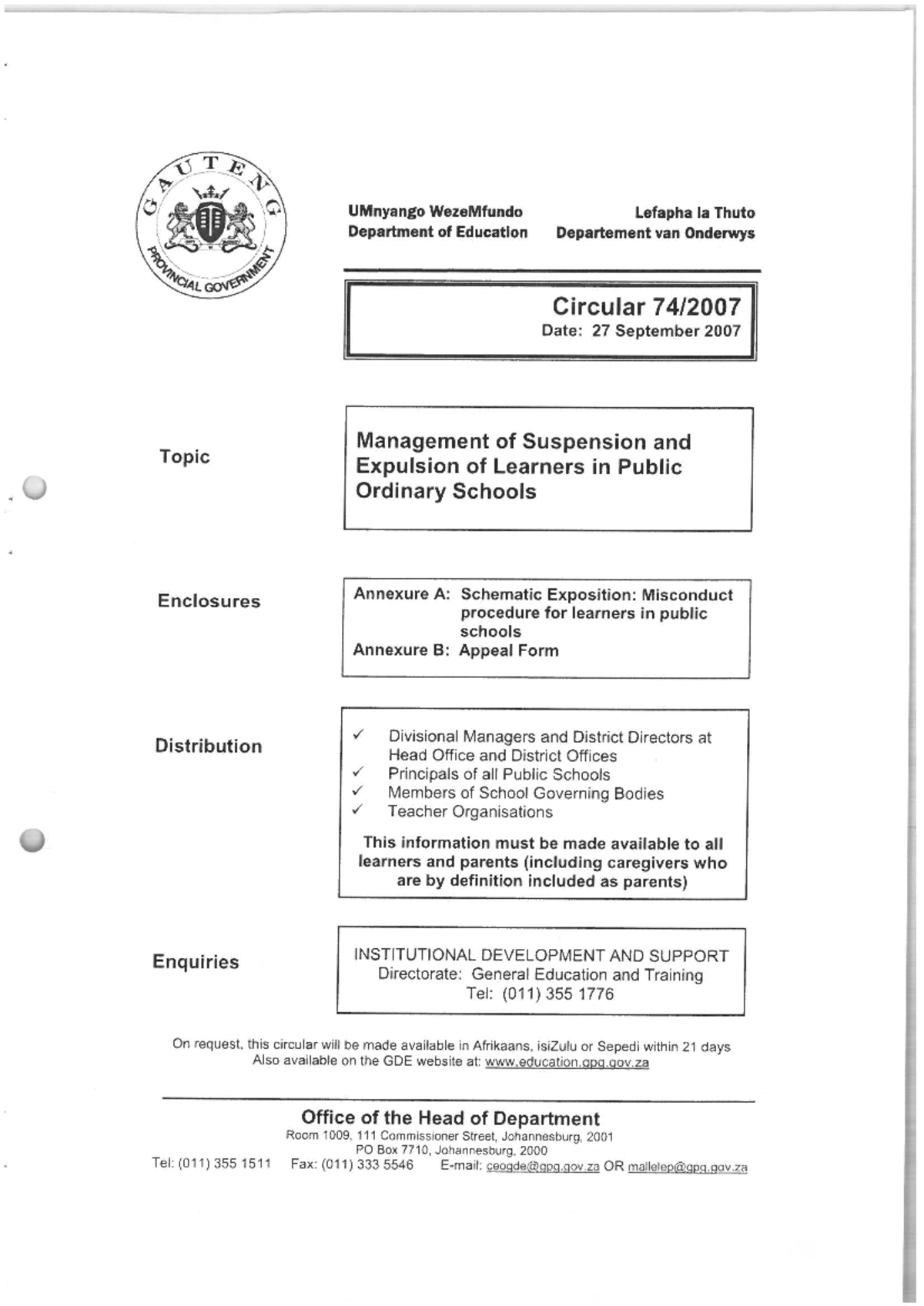 Management of Suspension and Expulsion of Learners (Circular 74/2007 ...