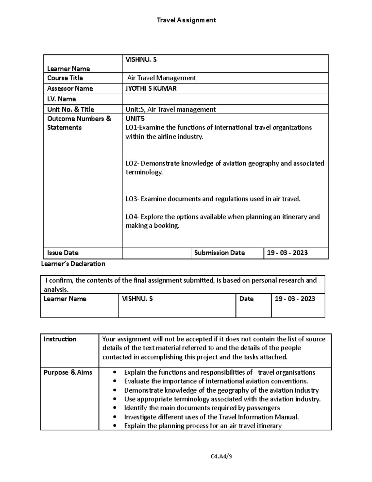 Air Travel Management (Unit 5) - Travel Assignment by Vishnu S - Studocu