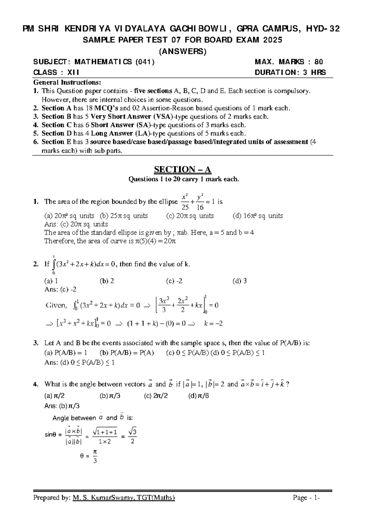 Math Class XII Sample Paper Test 07 for Board Exam 2025 - Answers - Studocu