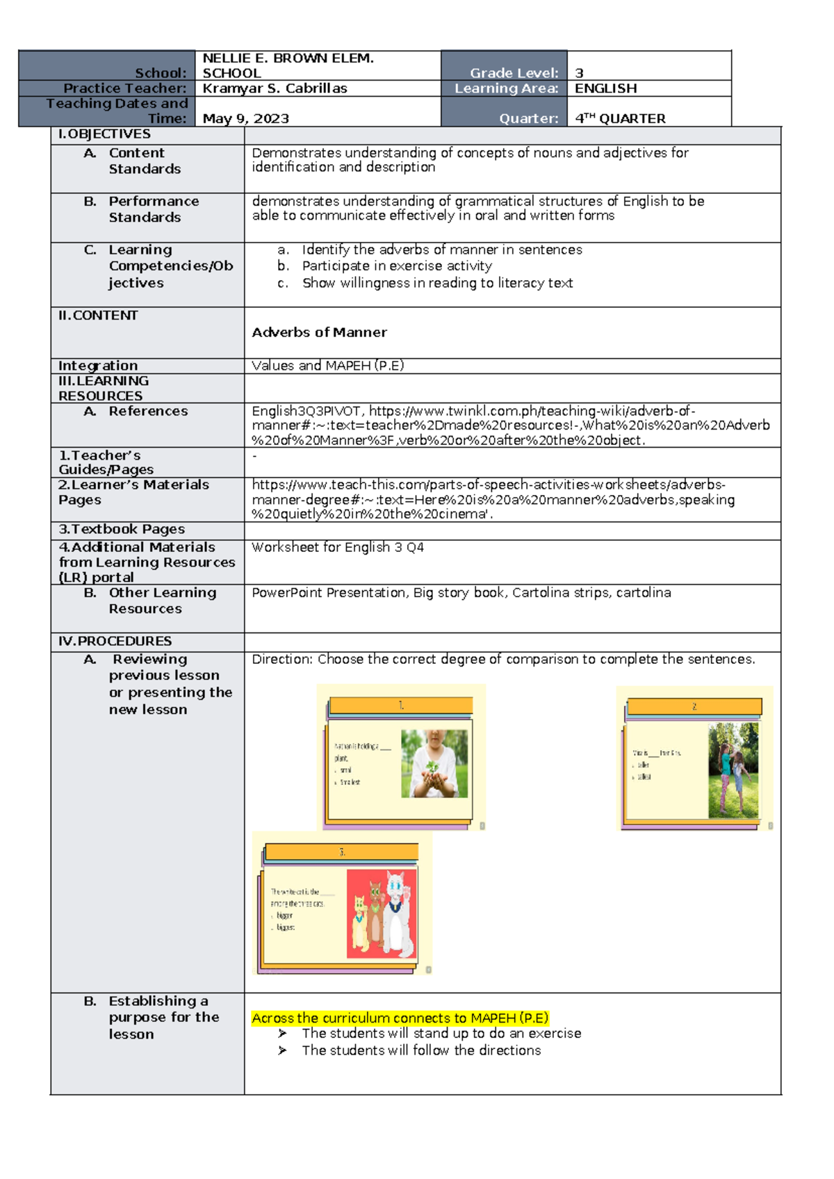 LP - Final DEMO - Lesson Plan for Grade 3 - School: NELLIE E. BROWN ...