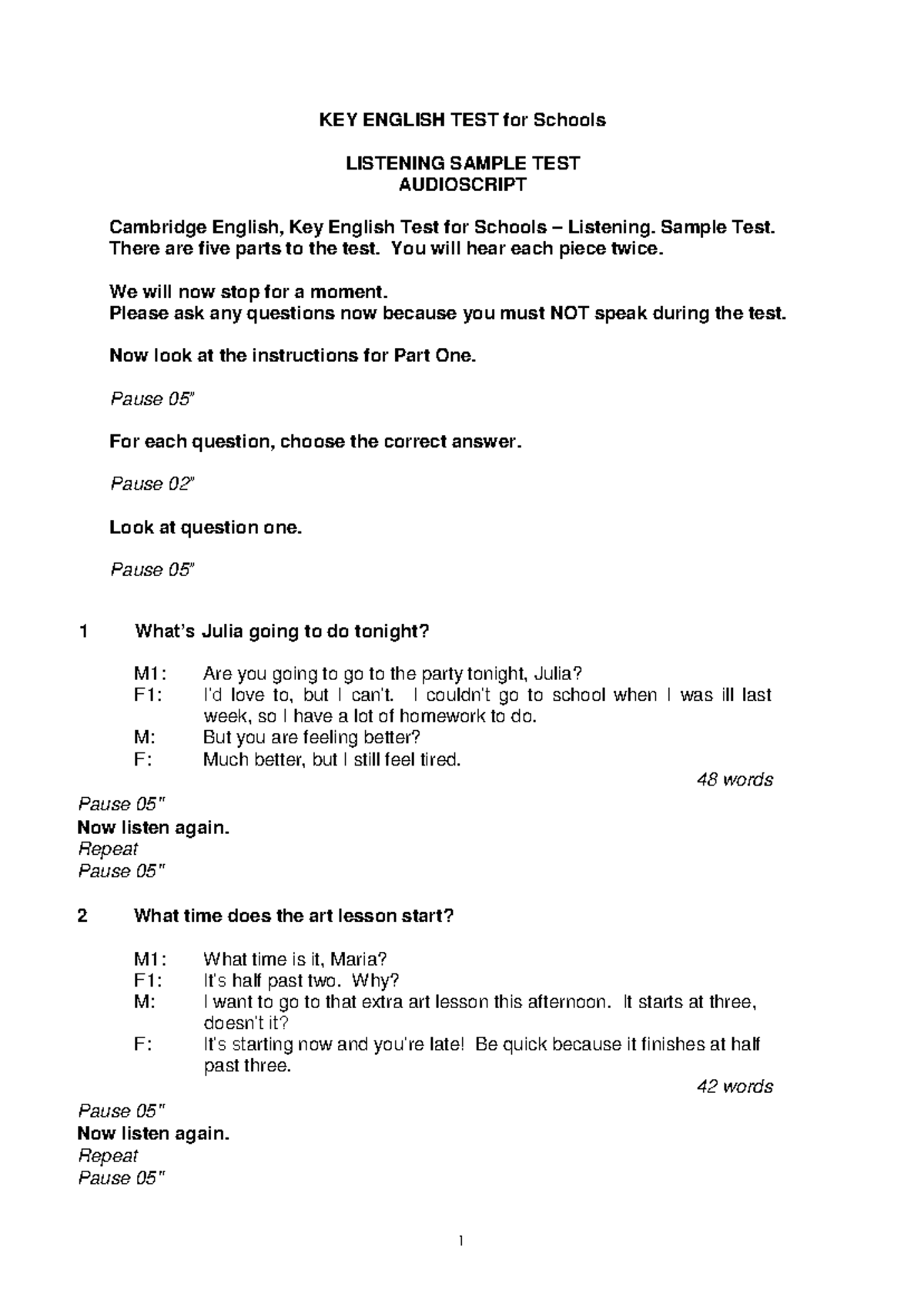 KET for Schools Listening Sample Test Audioscript - Studocu
