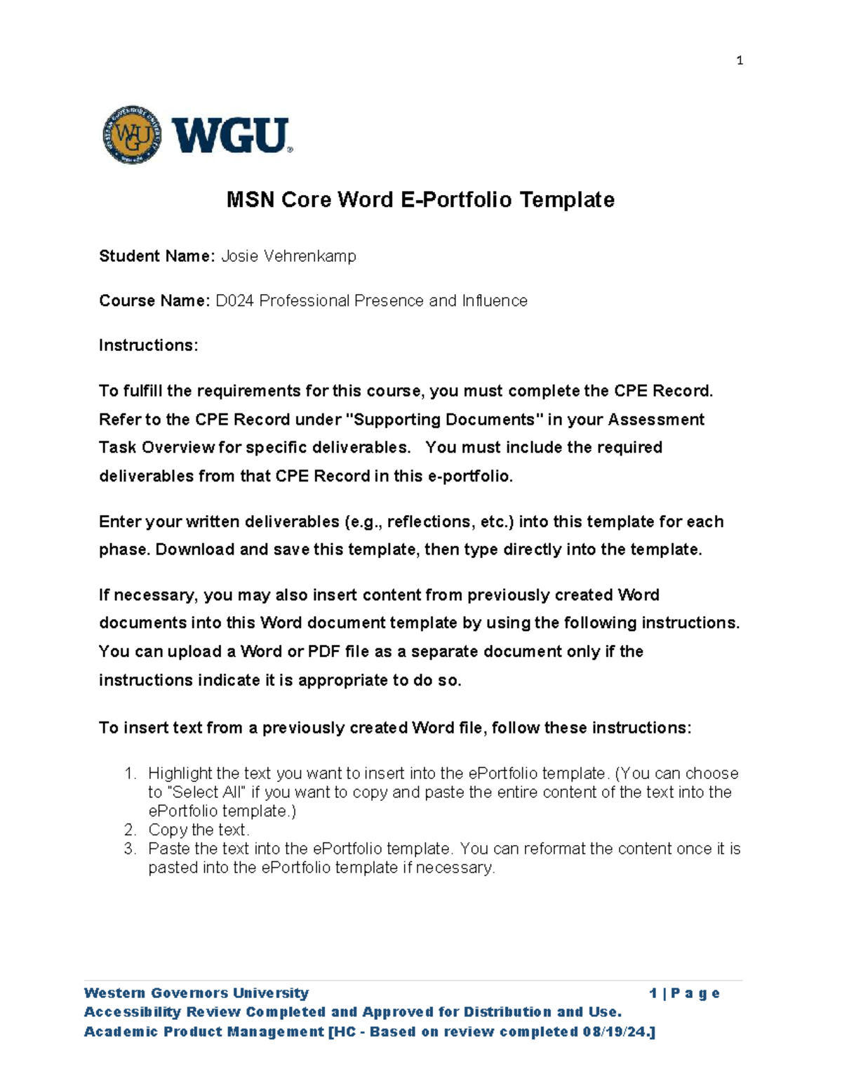 D024 Professional Presence & Influence: CPE Record Template Task 1 ...