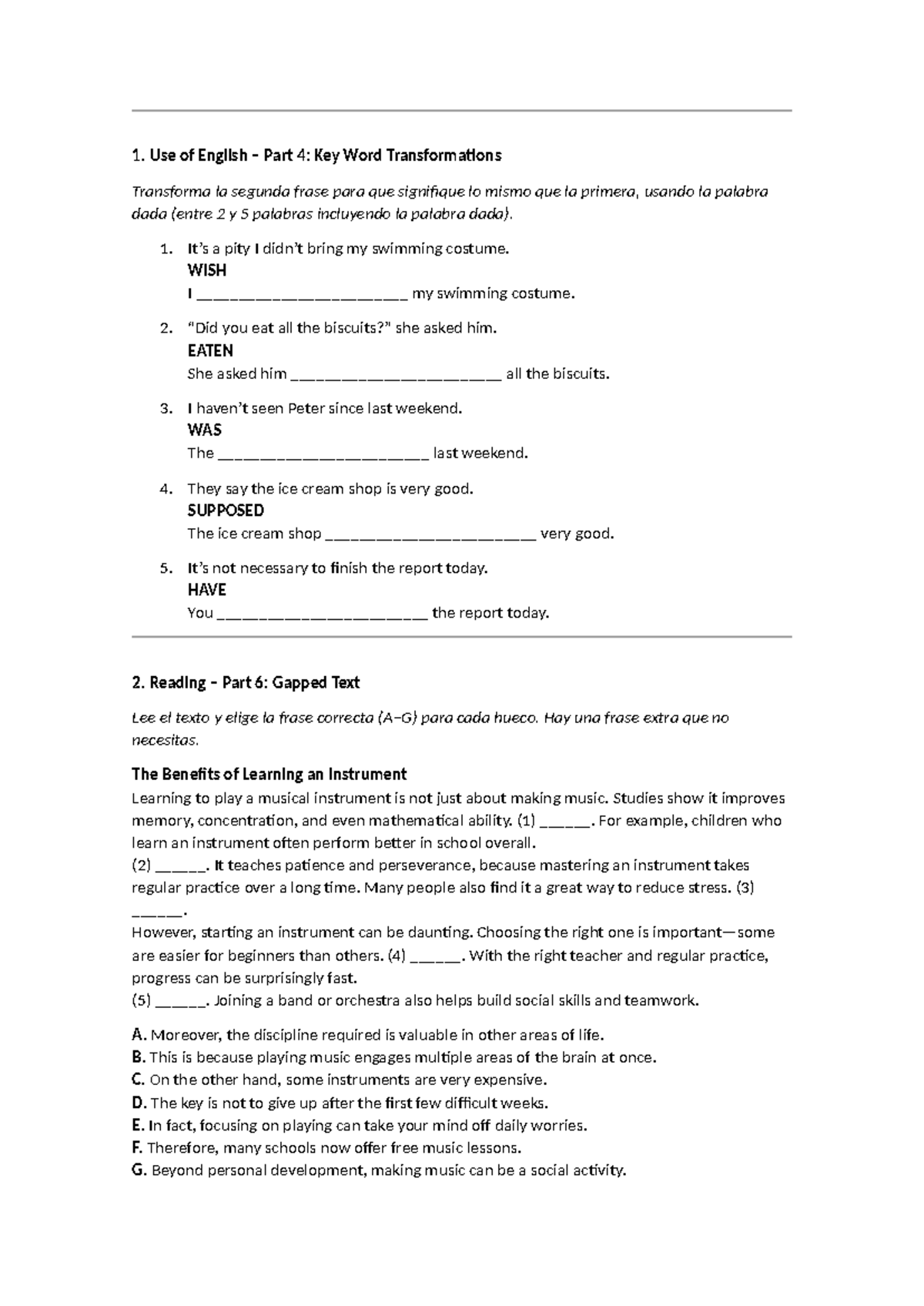 Part 6 - Exercises: Key Word Transformations & Gapped Text - Studocu