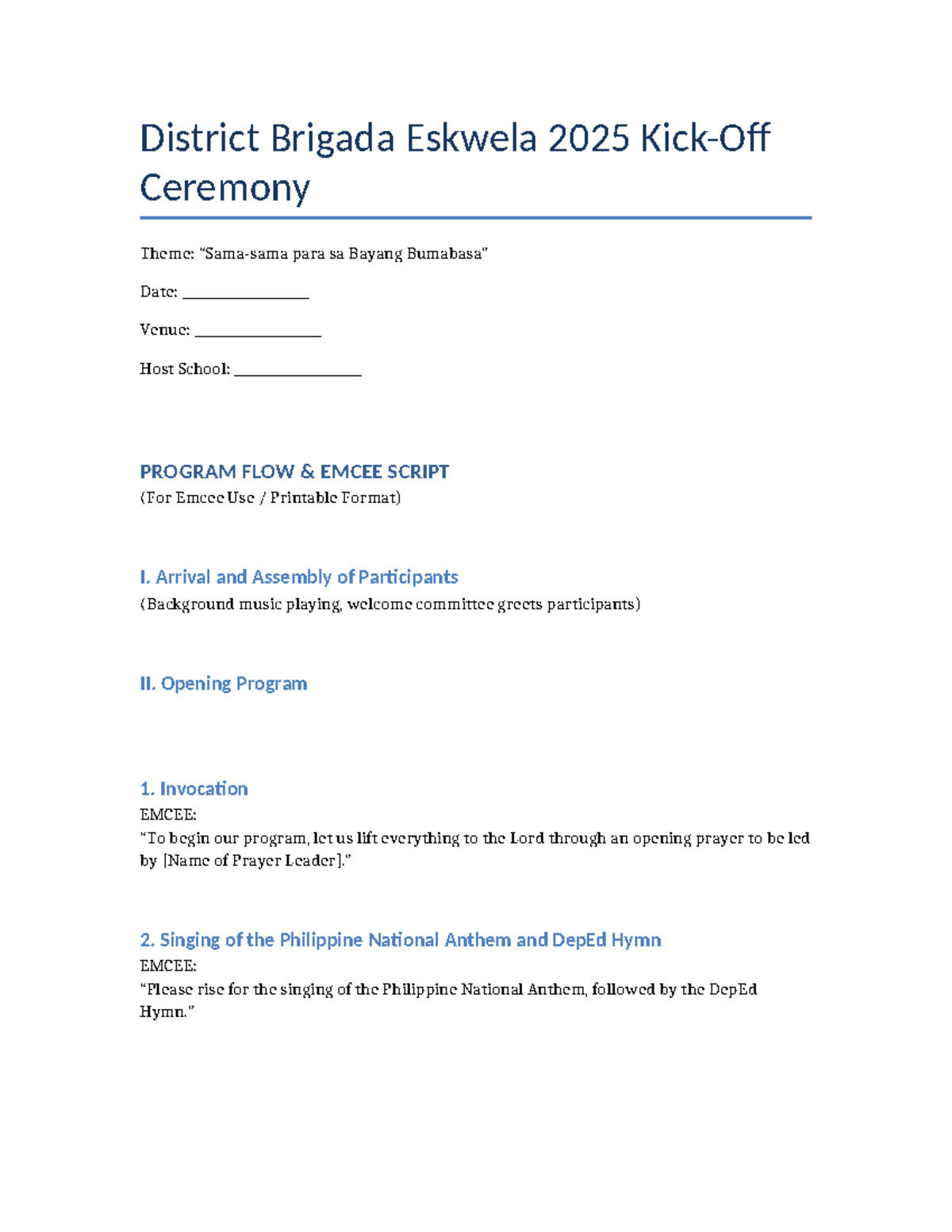 Brigada Eskwela 2025 Emcee Script: Ceremony Theme & Program Flow - Studocu