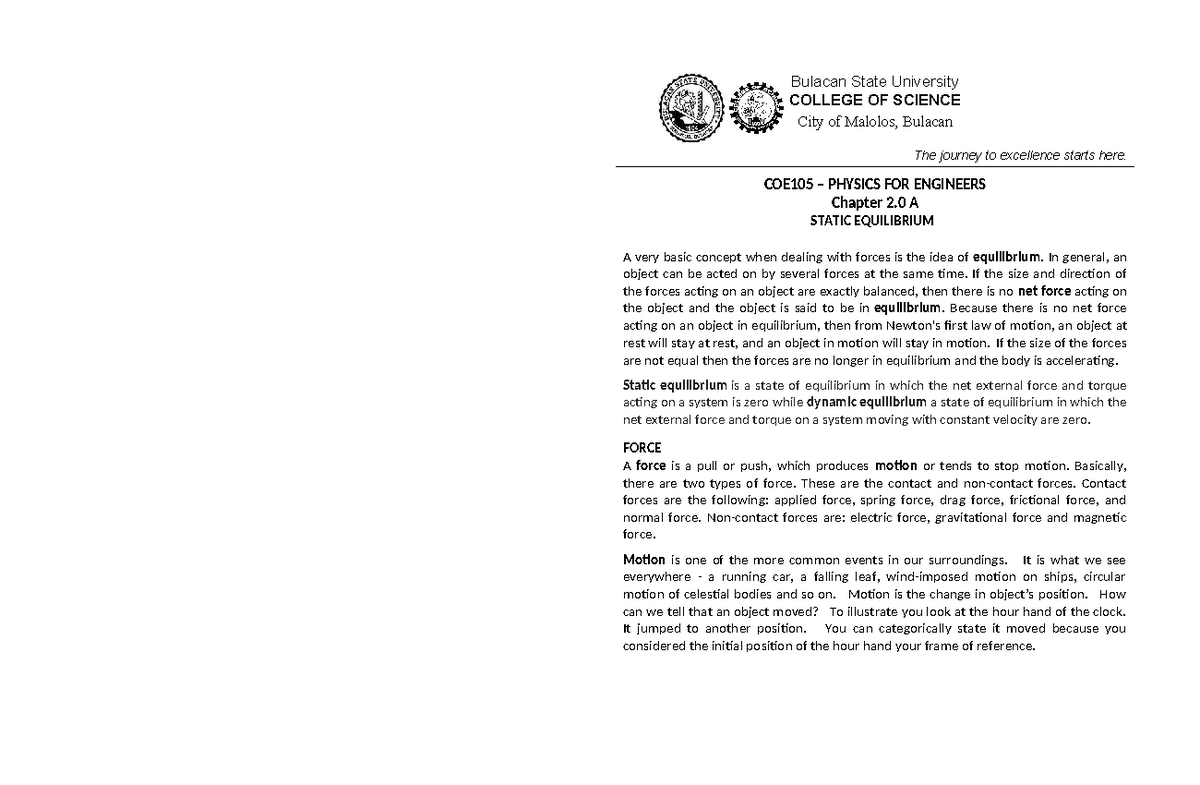 COE105 PHYSICS FOR ENGINEERS Chapter 2: Static Equilibrium Concepts - Studocu