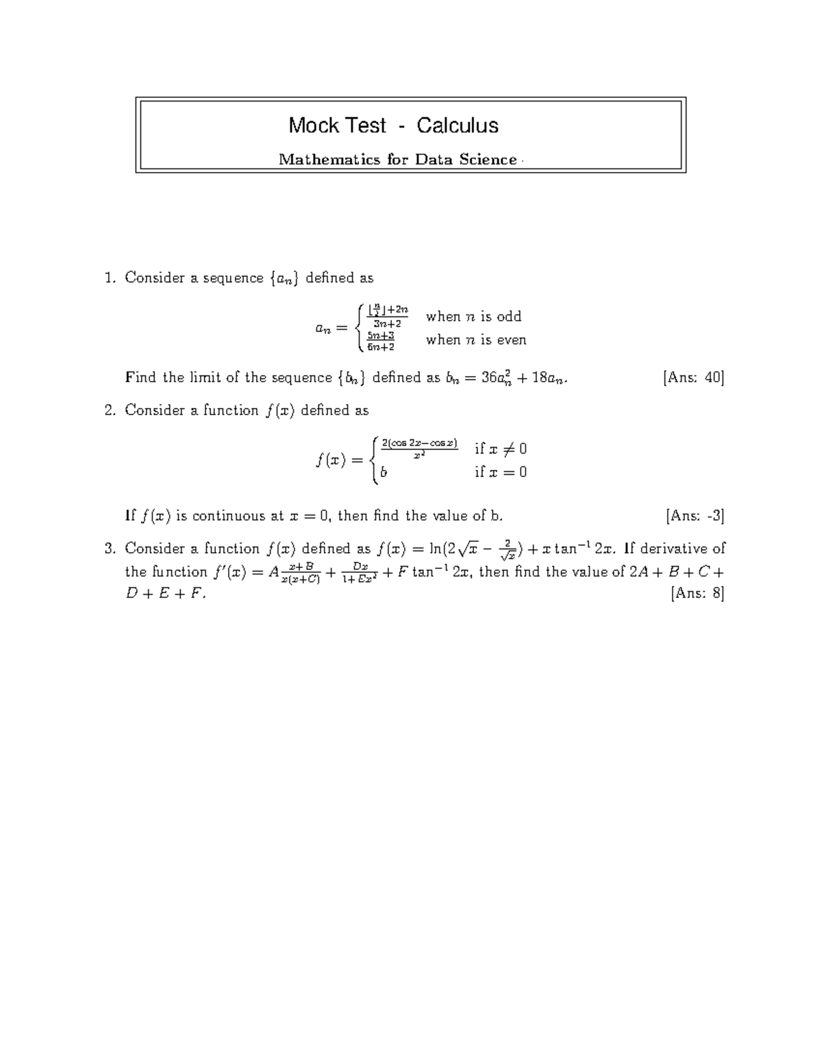 Maths Mock Test: Calculus for Data Science 2 - Studocu