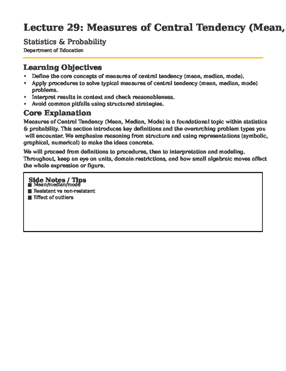 Lecture 29: Measures of Central Tendency (Mean, Median, Mode) - Studocu