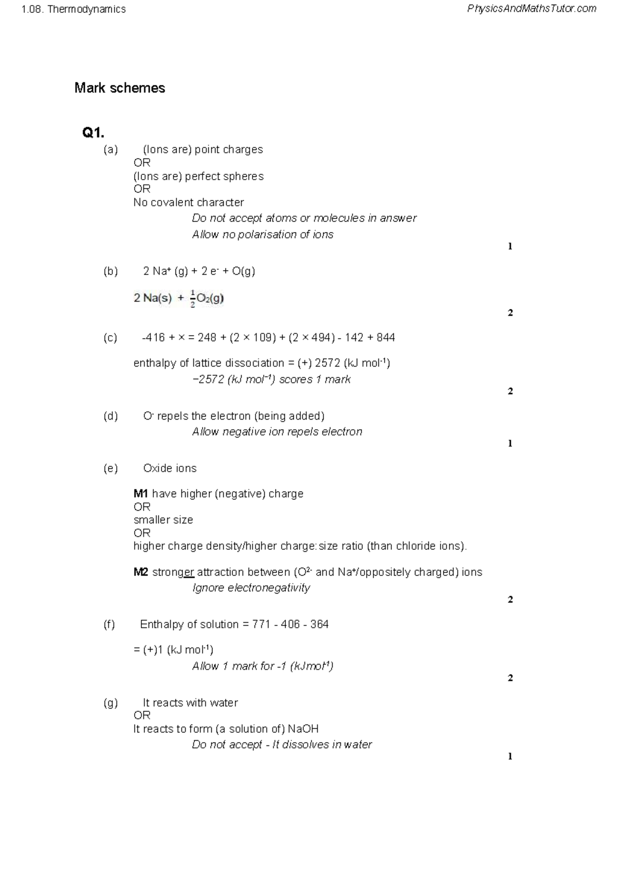 1.08. Thermodynamics MS Mark Schemes and Solutions - Studocu