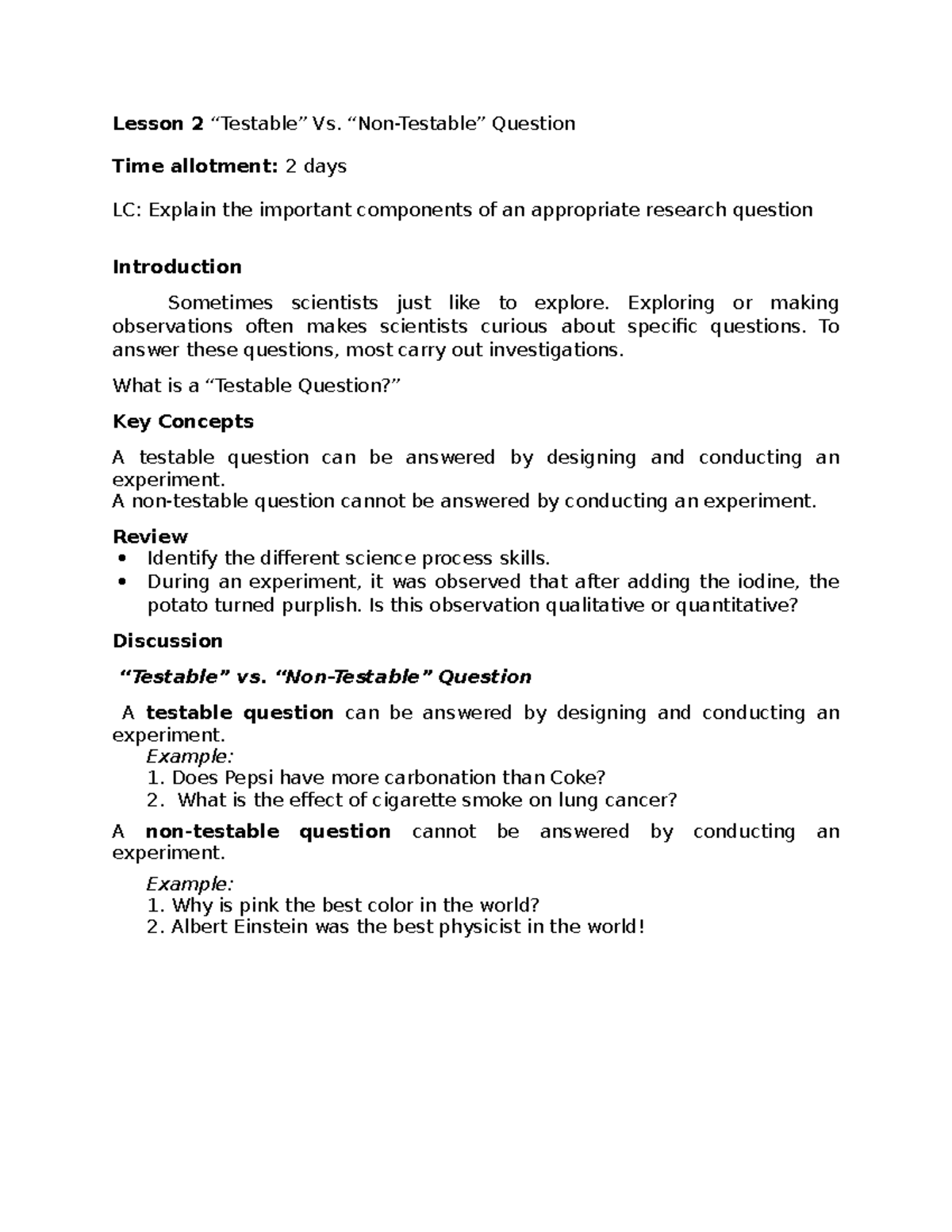 2 How to Write a Testable Question - Lesson 2 “Testable” Vs. “Non ...