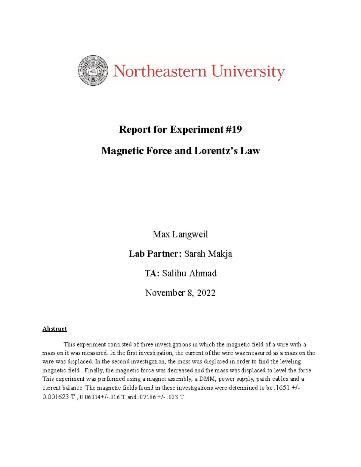 Lab report 5 - Google Docs - Report for Experiment Magnetic Force and ...