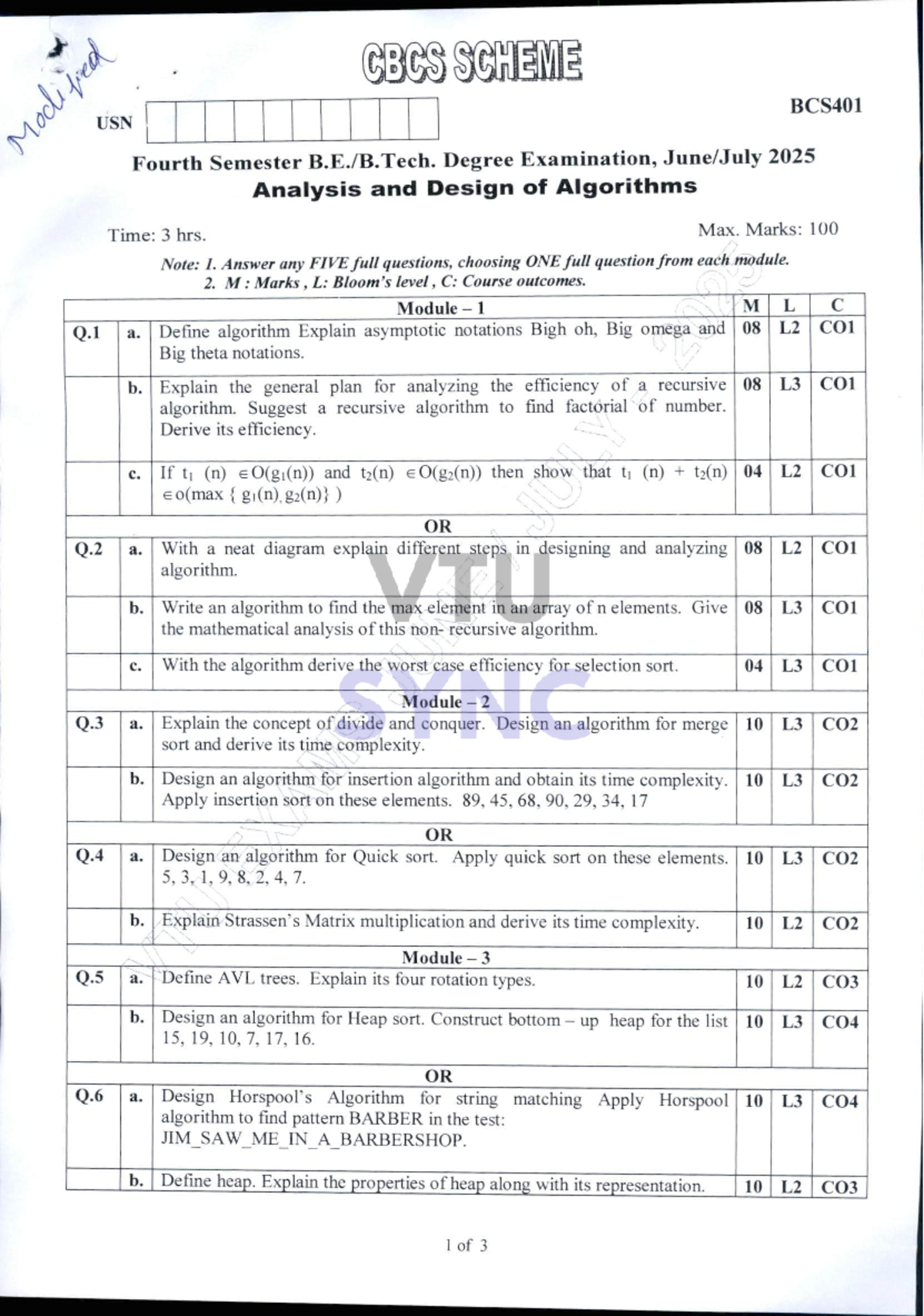 Modified Title: BCS401 Fourth Sem Exam: Analysis & Design of Algorithms ...