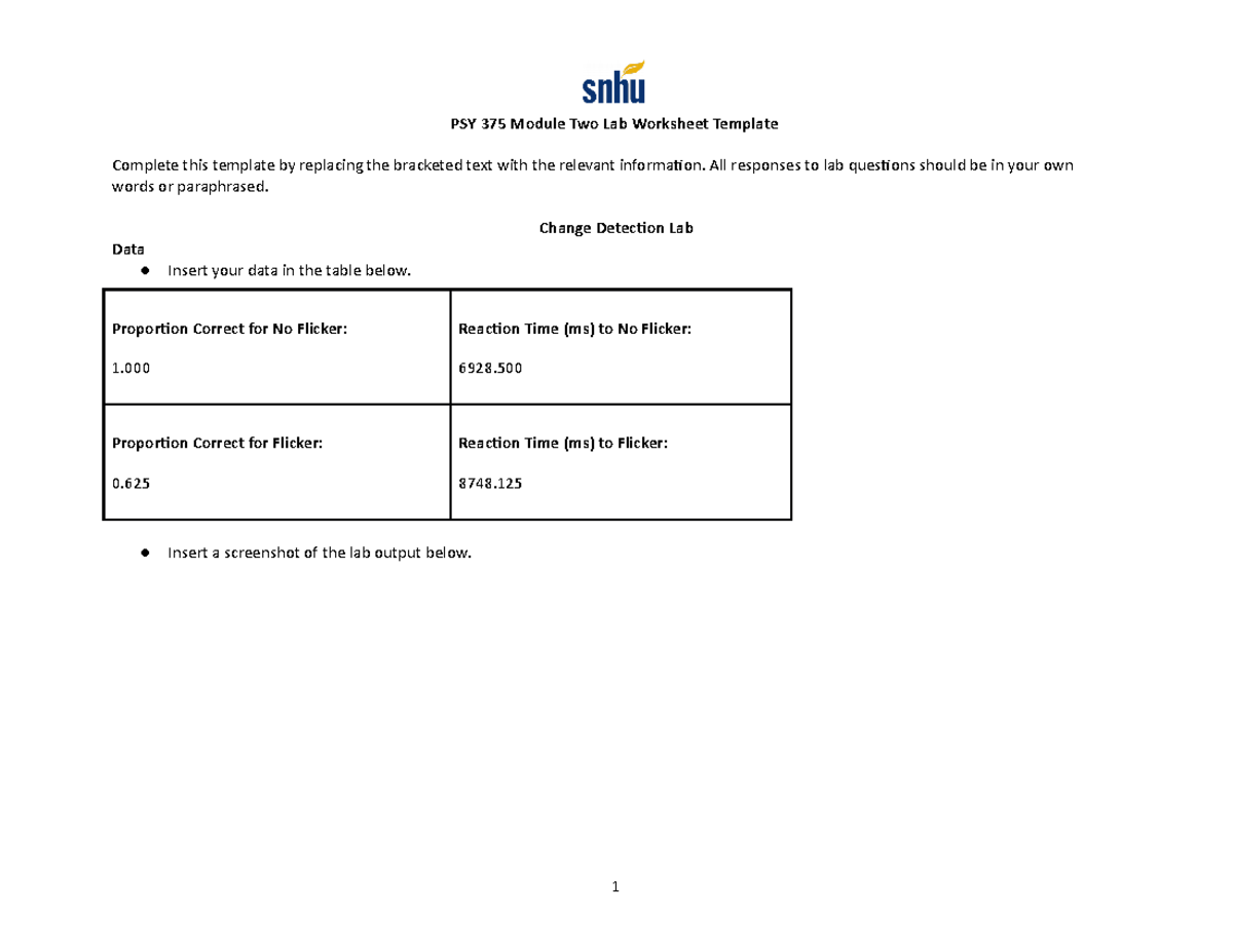 PSY 375 Change Detection Lab Worksheet and Analysis - Studocu