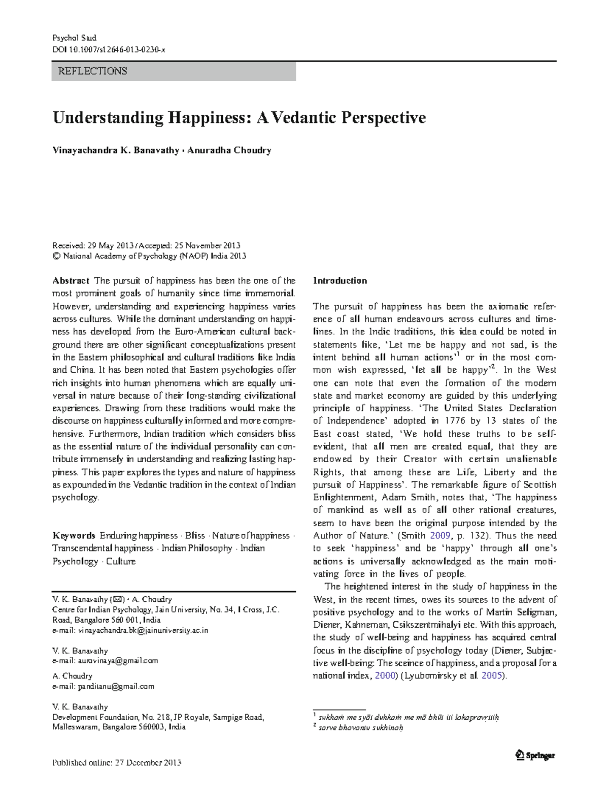 Exploring Happiness: Vedantic Insights (Psychological Studies, vol. 59 ...