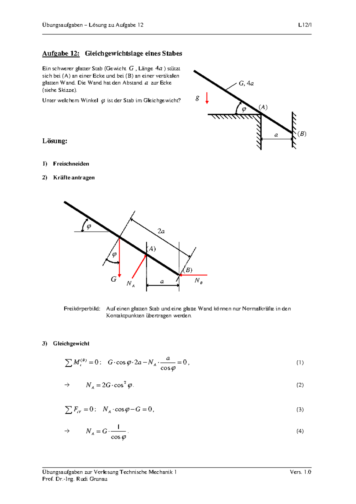 Lösung Aufgabe 12 - Übungen aus dem Wintersemester, Technische Mechanik, Statik - L12/1 - Studocu