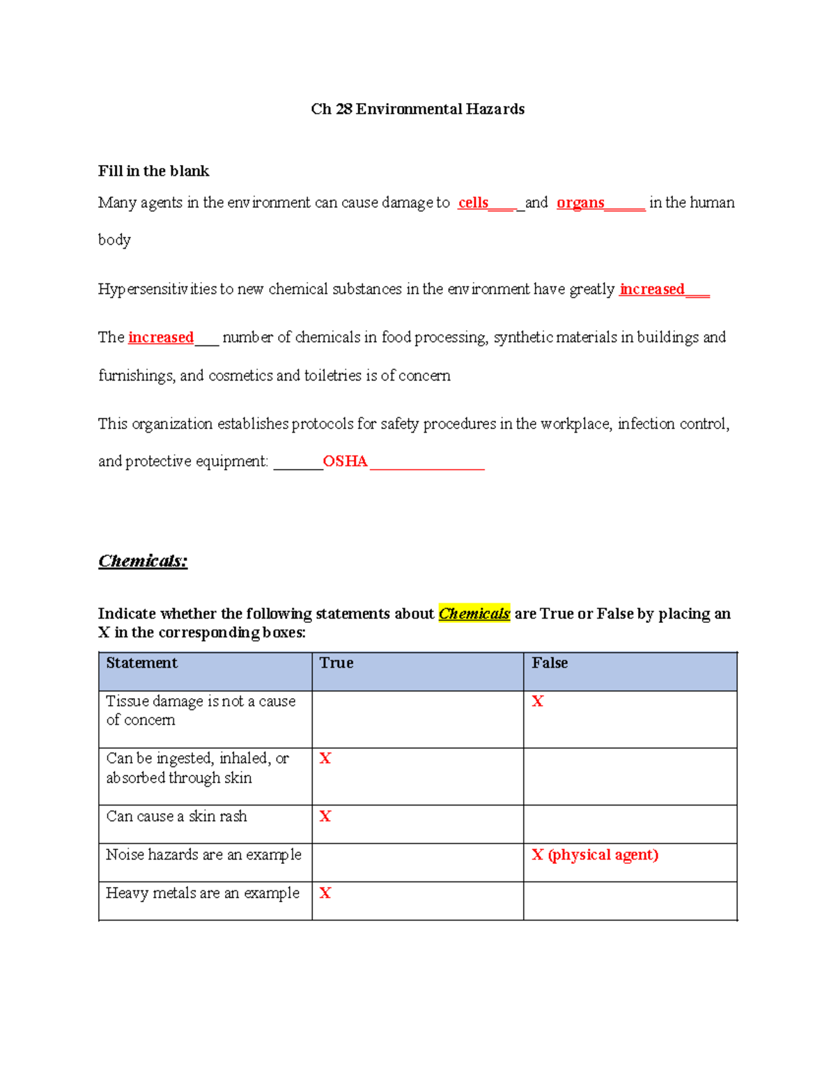 Ch 28 Env Hazards - Fill in the Blanks & True/False Answer Key - Studocu