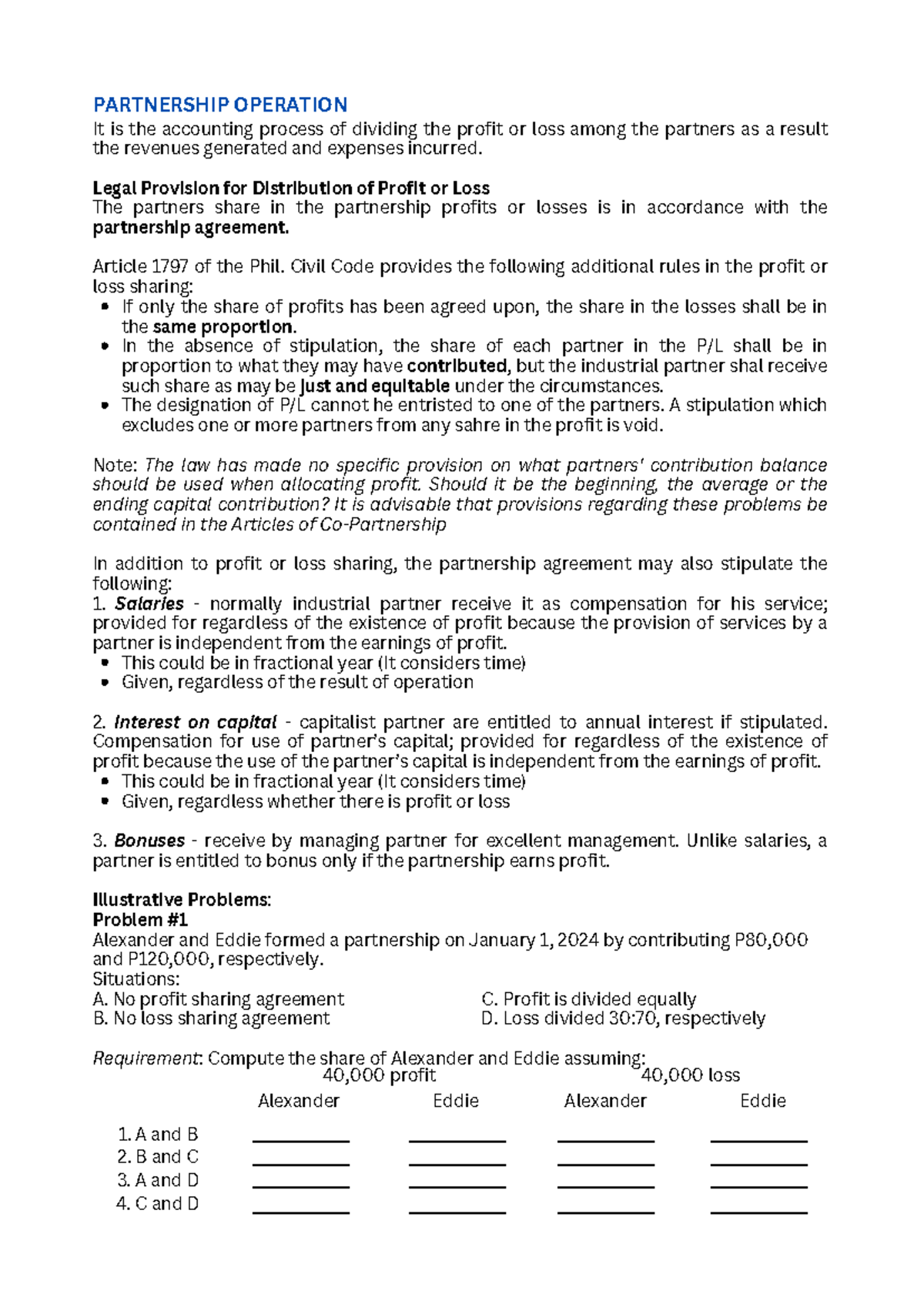 PARTNERSHIP OPERATION: Profit & Loss Distribution Guidelines - Studocu