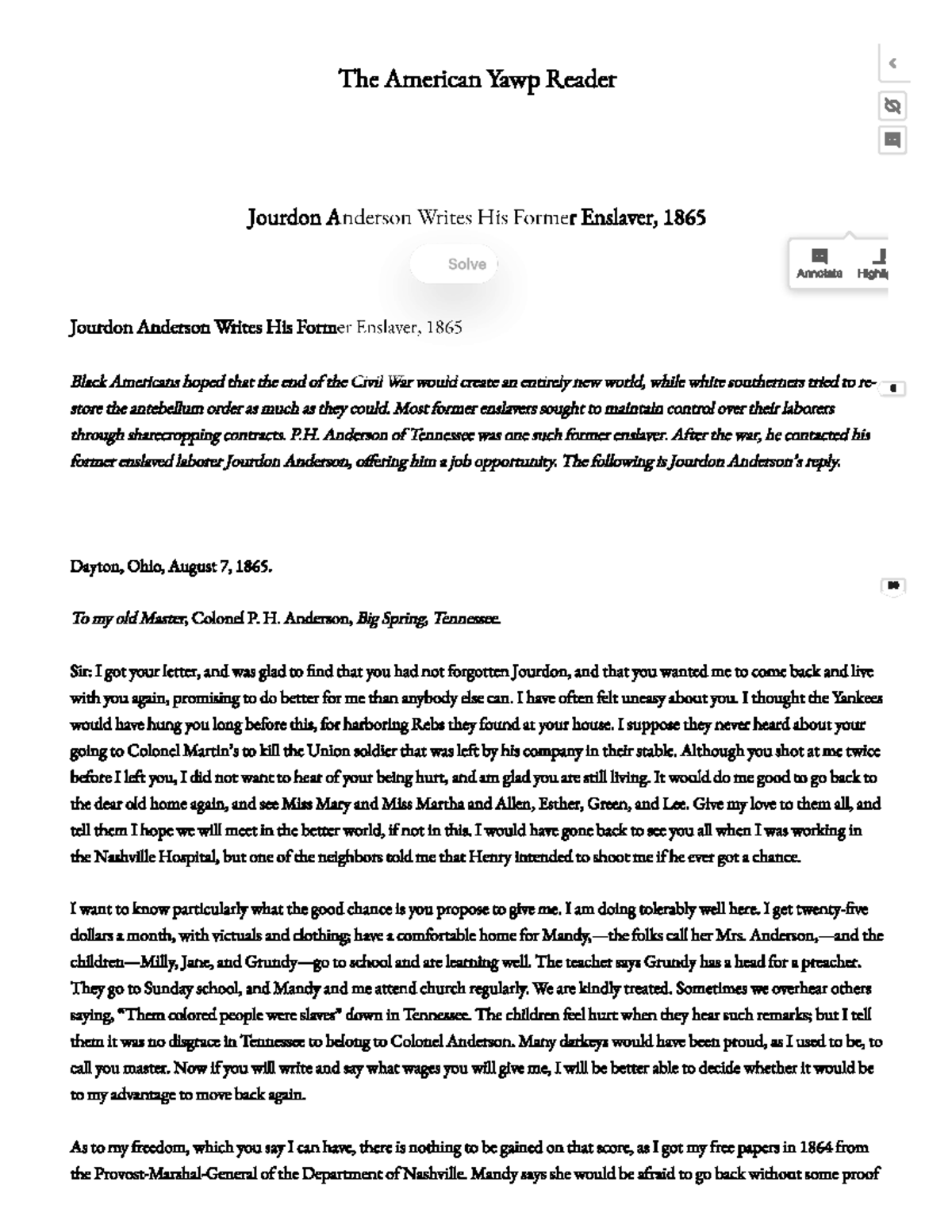 Jourdon Anderson Writes His Former Enslaver, 1865 - Most former ...