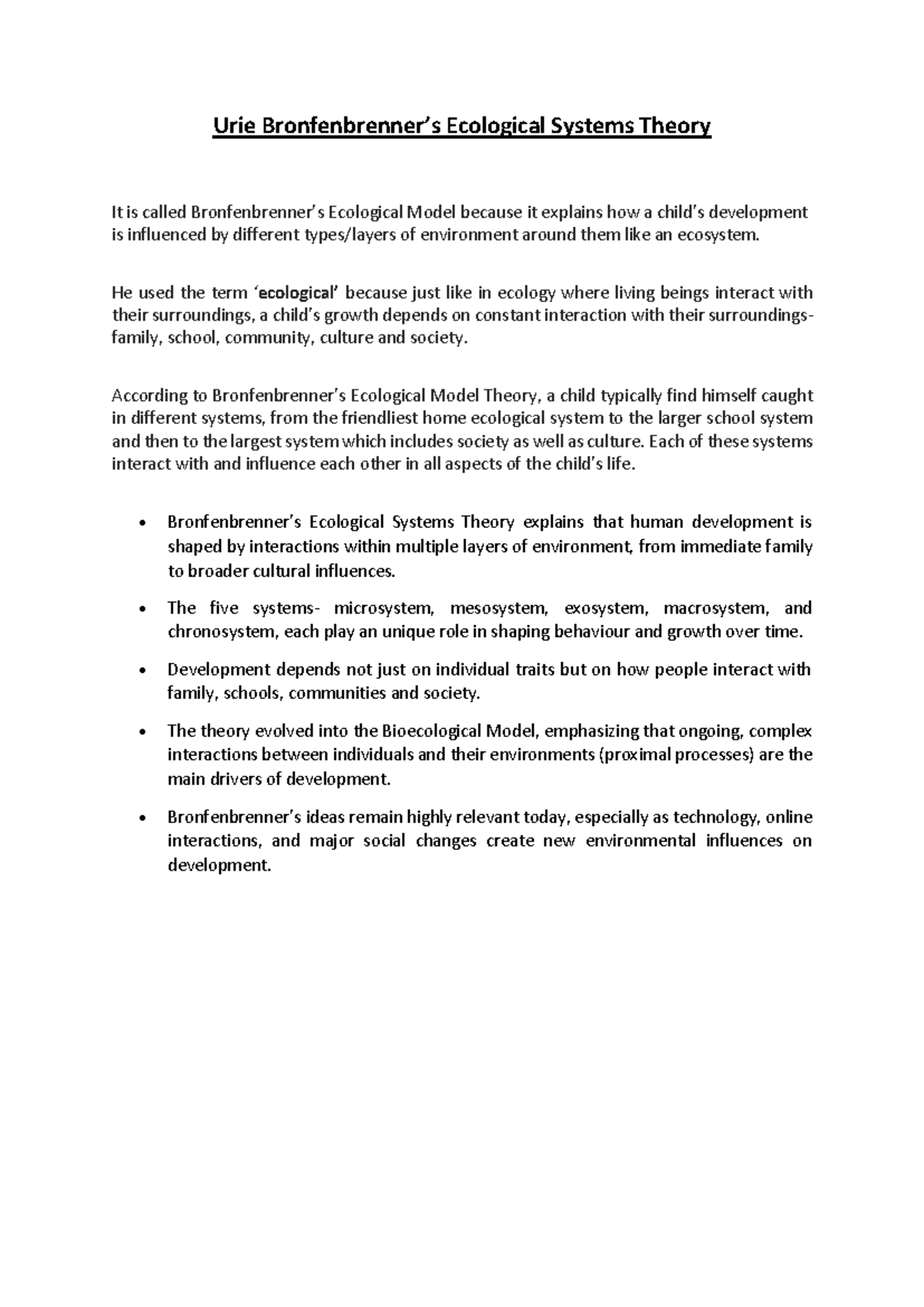 Urie Bronfenbrenner's Ecological Systems Theory Overview - Studocu